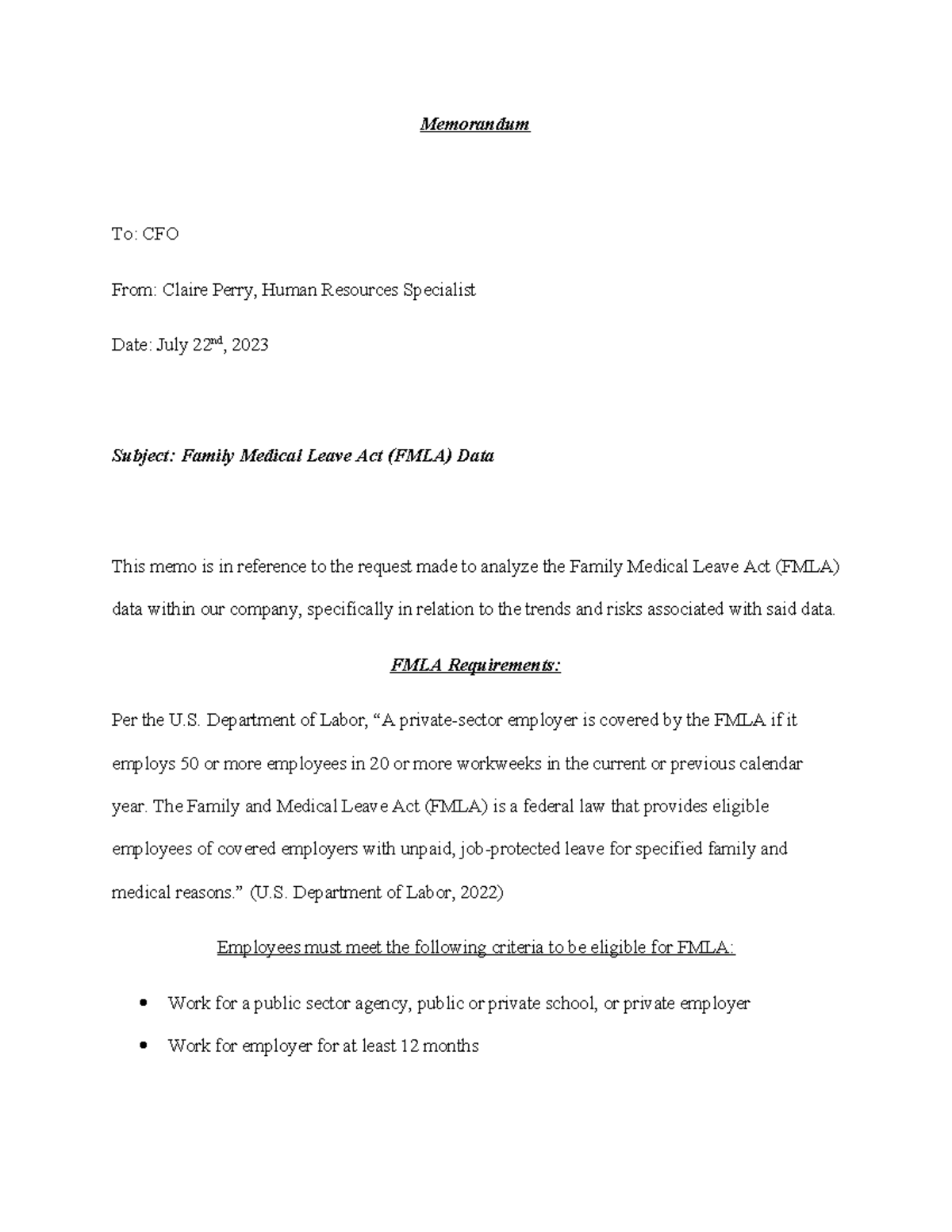 4-2 Assignment-HRM 225 - Memorandum To: CFO From: Claire Perry, Human ...