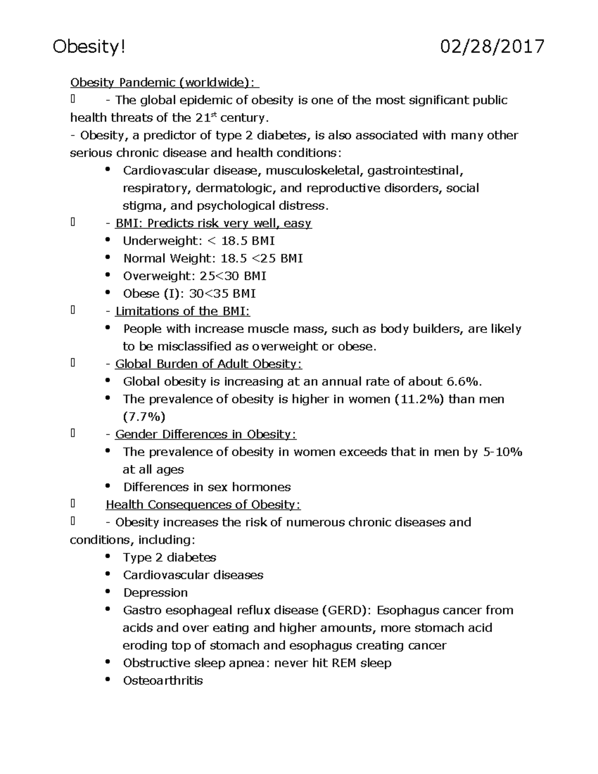 Obesity notes - Obesity! 02/28/2017 Obesity Pandemic (worldwide): - The ...