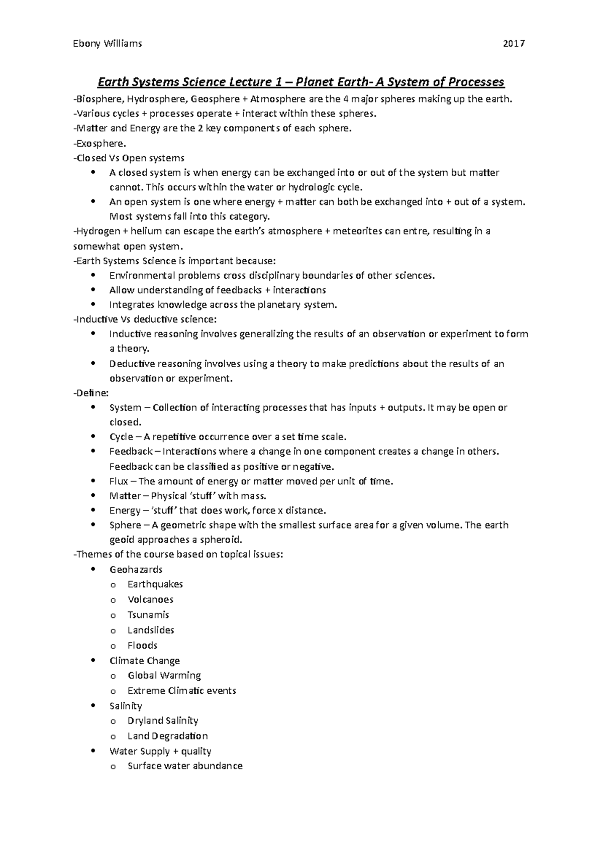 Earth Systems Science Tutorial Notes - Earth Systems Science Lecture 1 ...