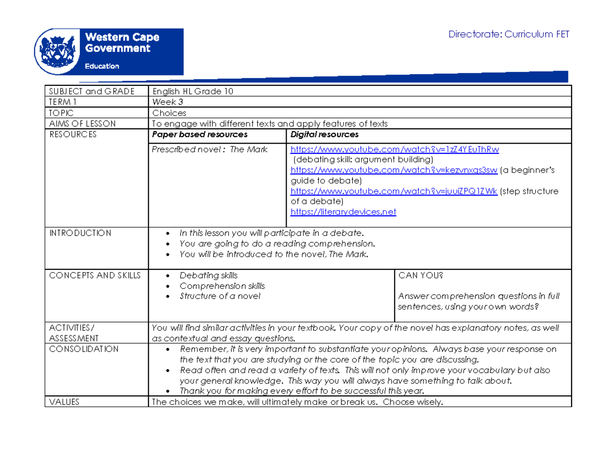 English HL Grade 10 Term 1 Week 3 2021 - Directorate: Curriculum FET ...