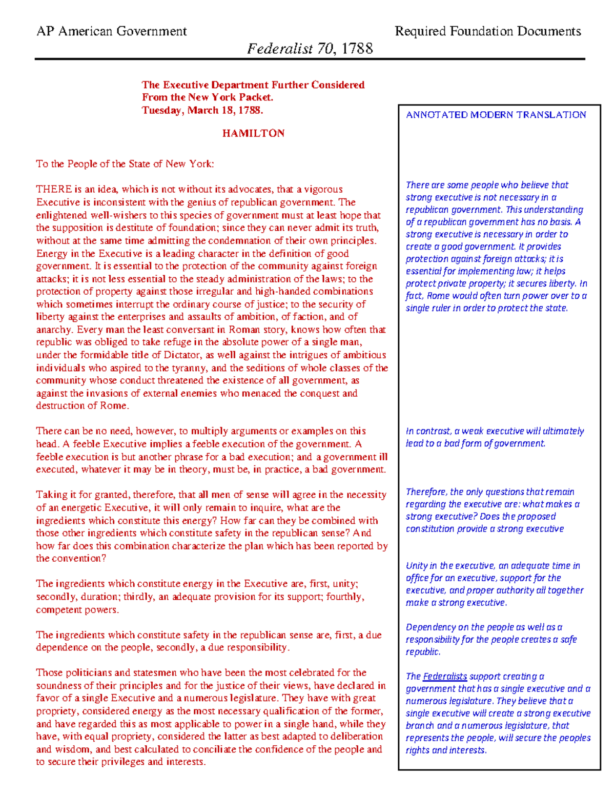The Federalists 70 - AP American Government Required Foundation ...