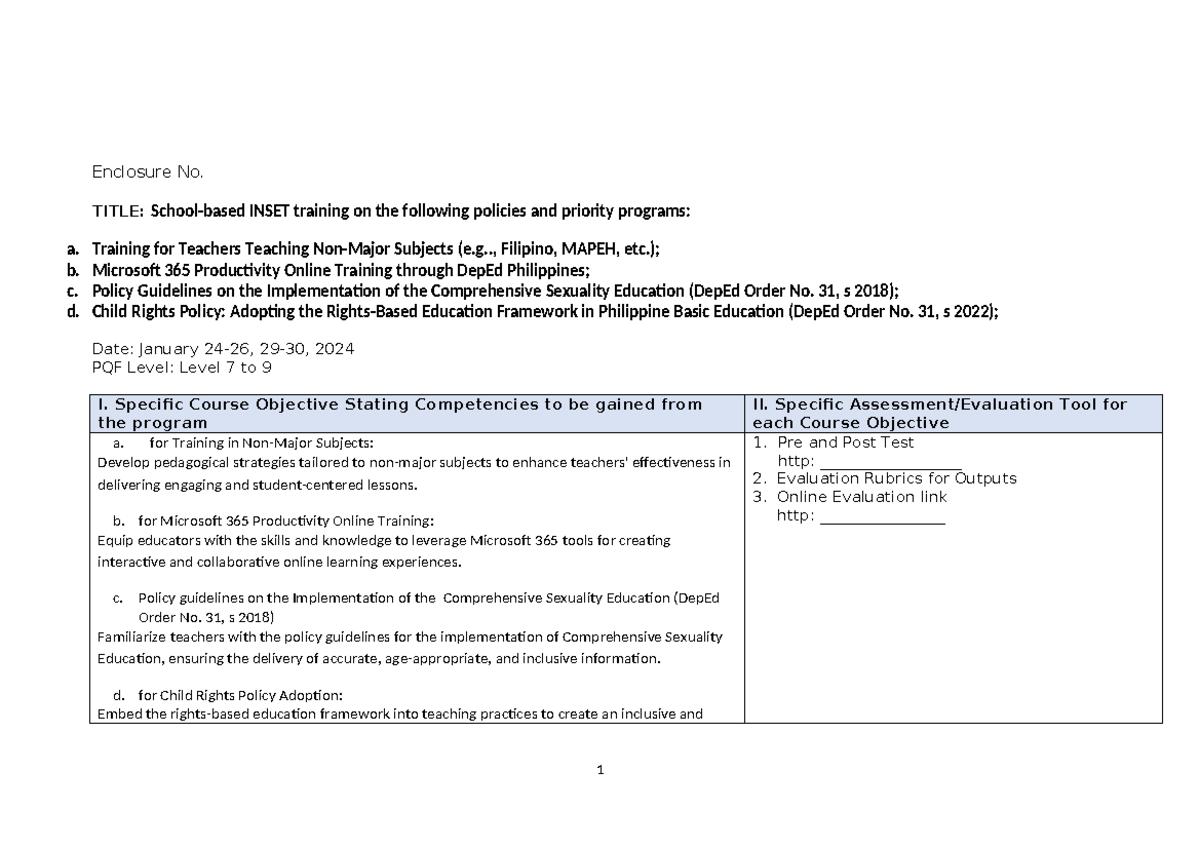 Program-of-Activities - Enclosure No. TITLE: School-based INSET ...