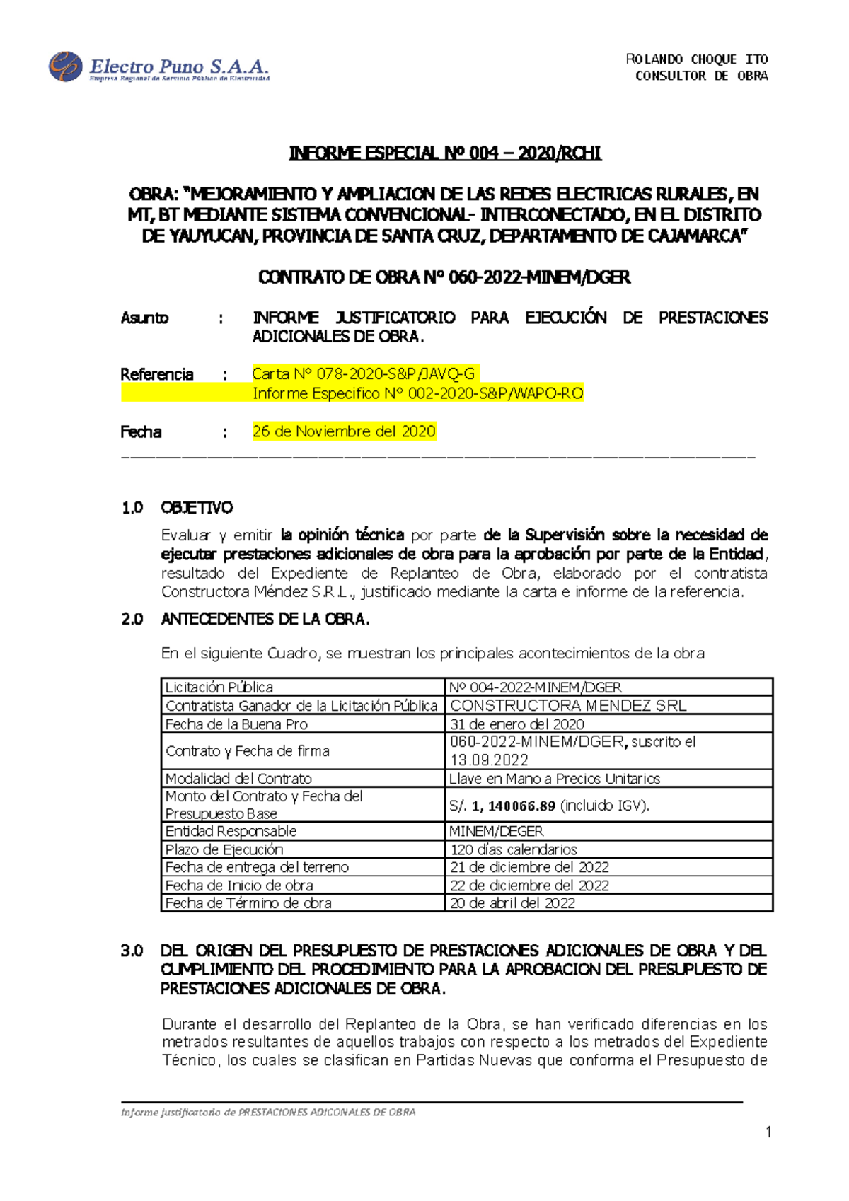 04 Informe Tecnico de Supervisor de Adicionales - CONSULTOR DE OBRA INFORME ESPECIAL Nº 004 ...