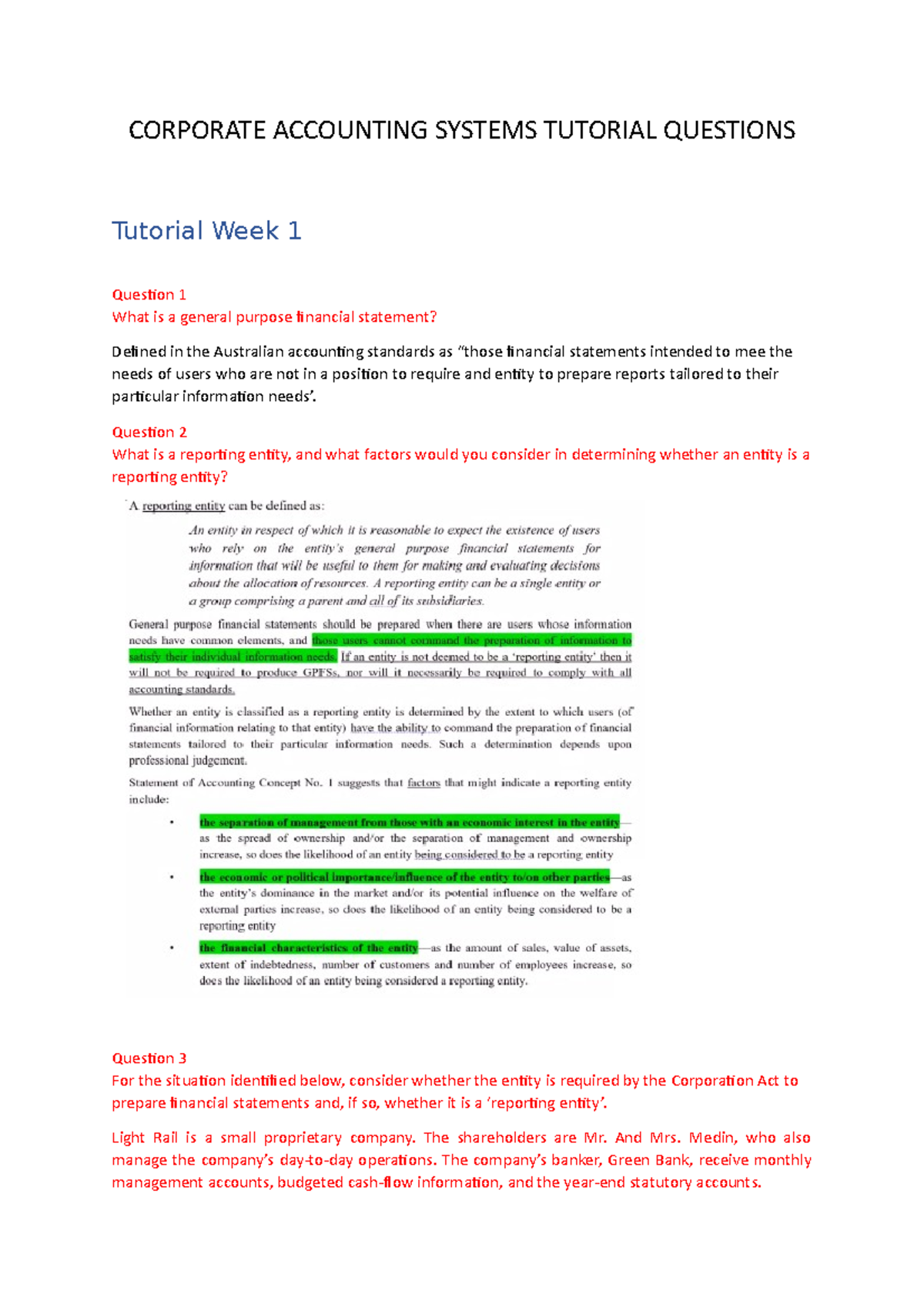 CAS Tutorial Q's - CORPORATE ACCOUNTING SYSTEMS TUTORIAL QUESTIONS Tutorial Week 1 Question 1 ...