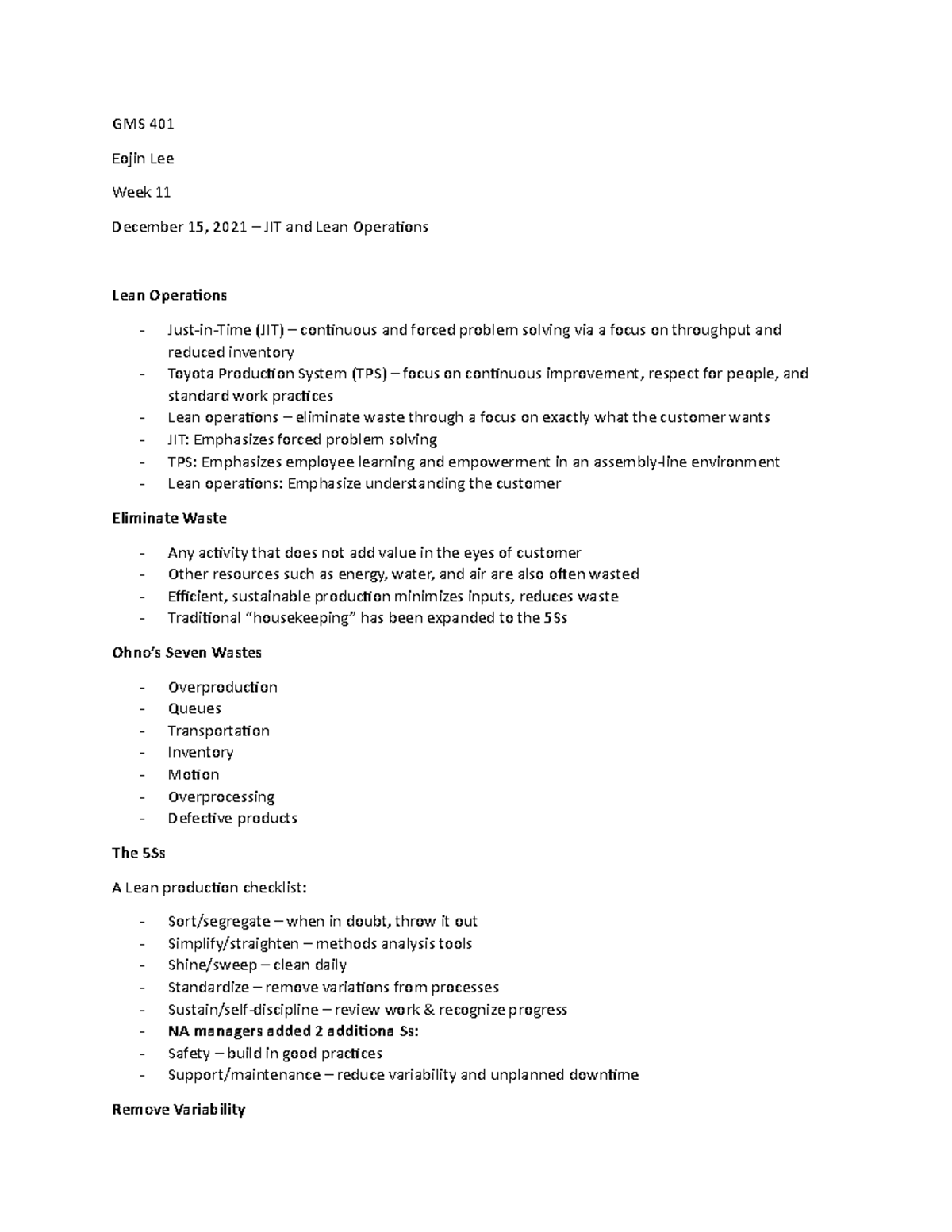 Week 11 Lecture Notes GMS 401 Operation Management - GMS 401 Eojin Lee ...