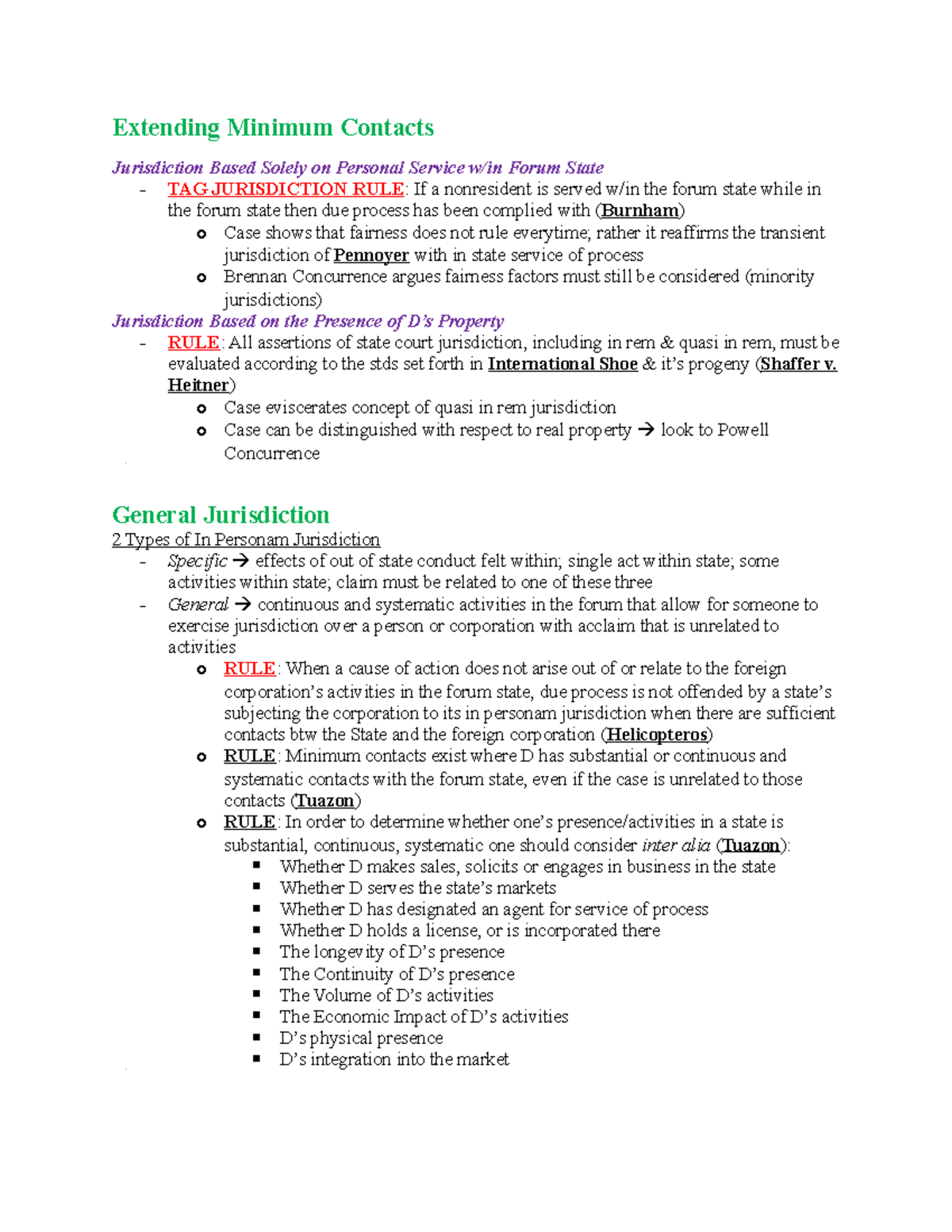 Civil Procedure - Prof Wang 3 - Extending Minimum Contacts Jurisdiction Based Solely on Personal ...