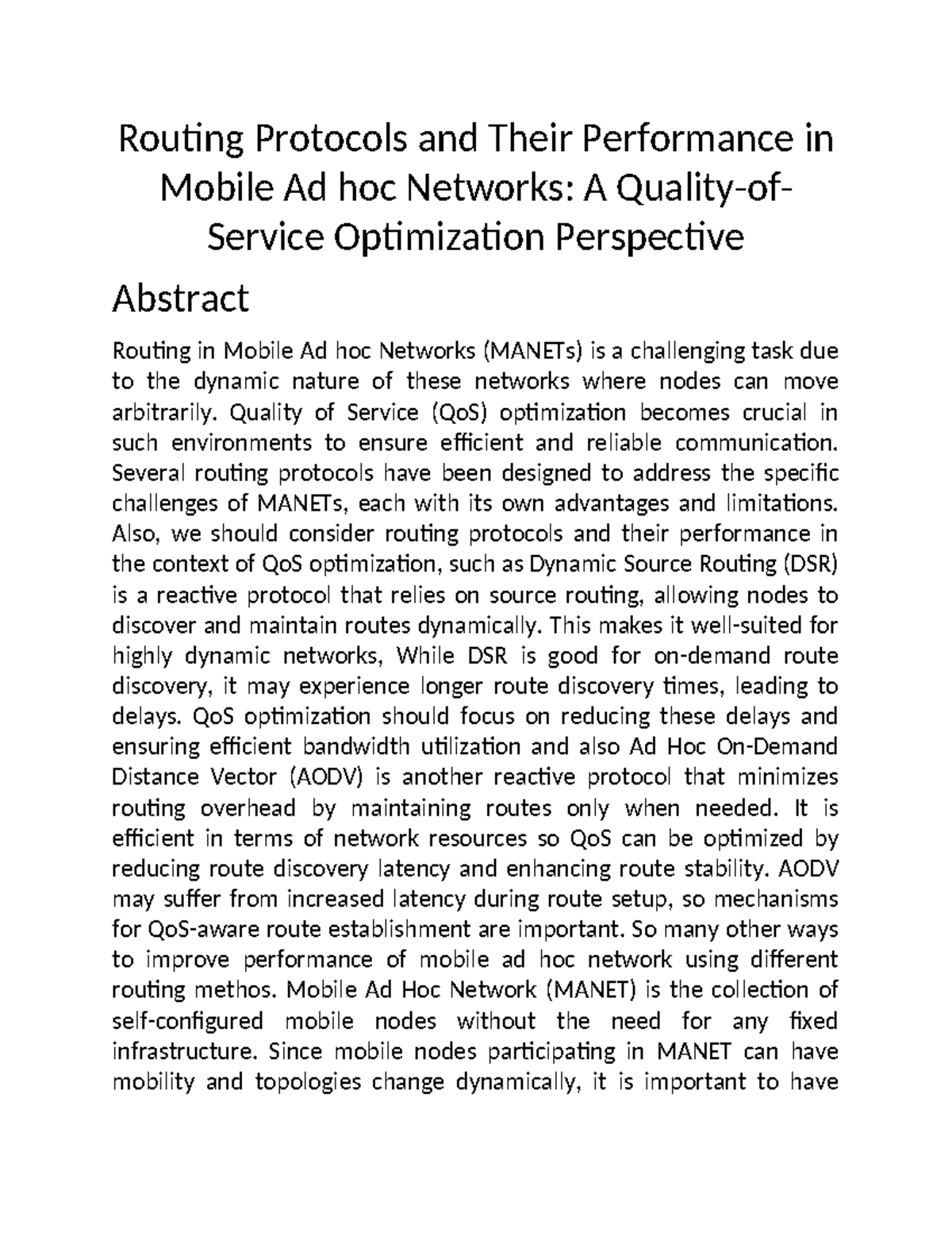 Title 2 assigment abstract - Routing Protocols and Their Performance in Mobile Ad hoc Networks ...