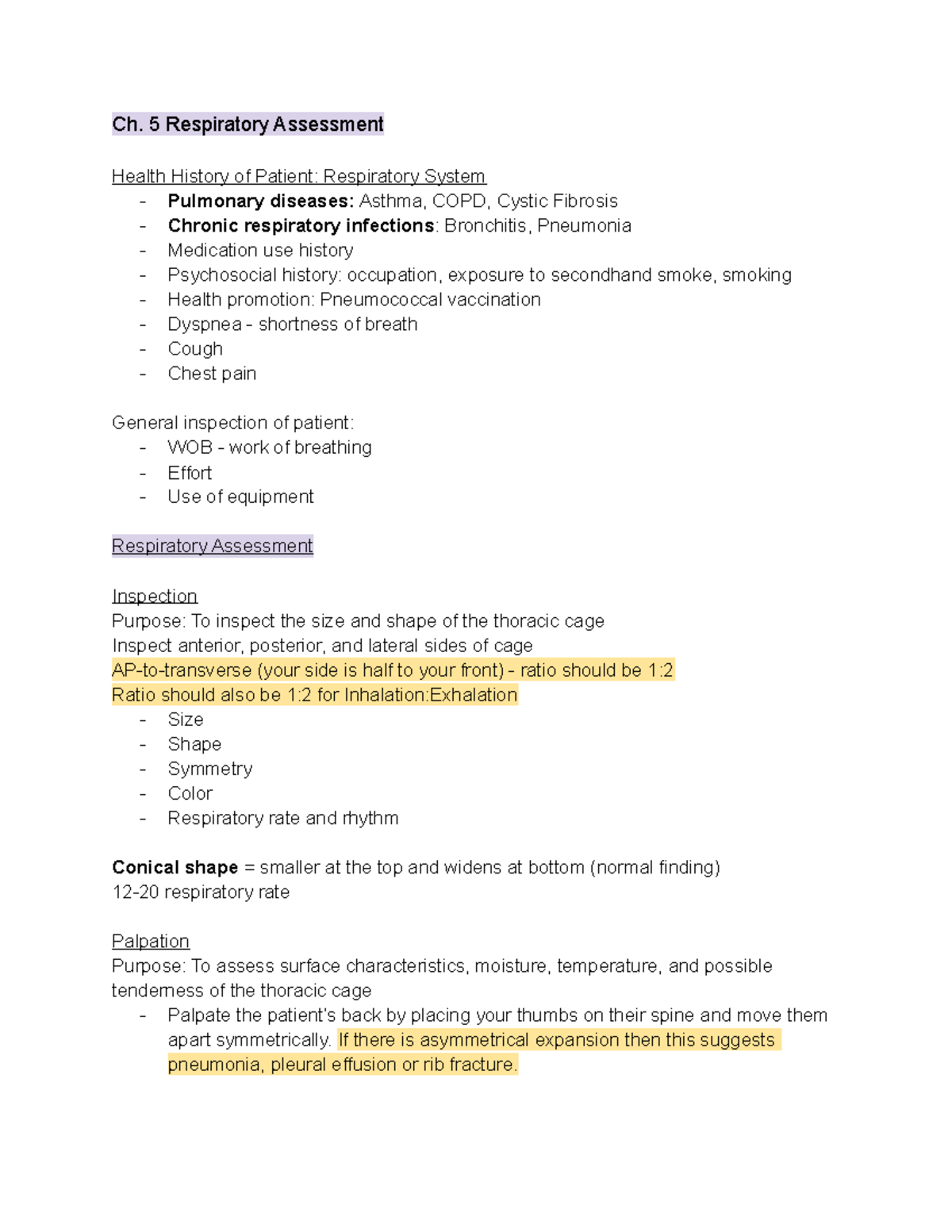 NSG Ch. 5 P1 - Ch. 5 Respiratory Assessment Notes Part 1 Leah Jorden ...