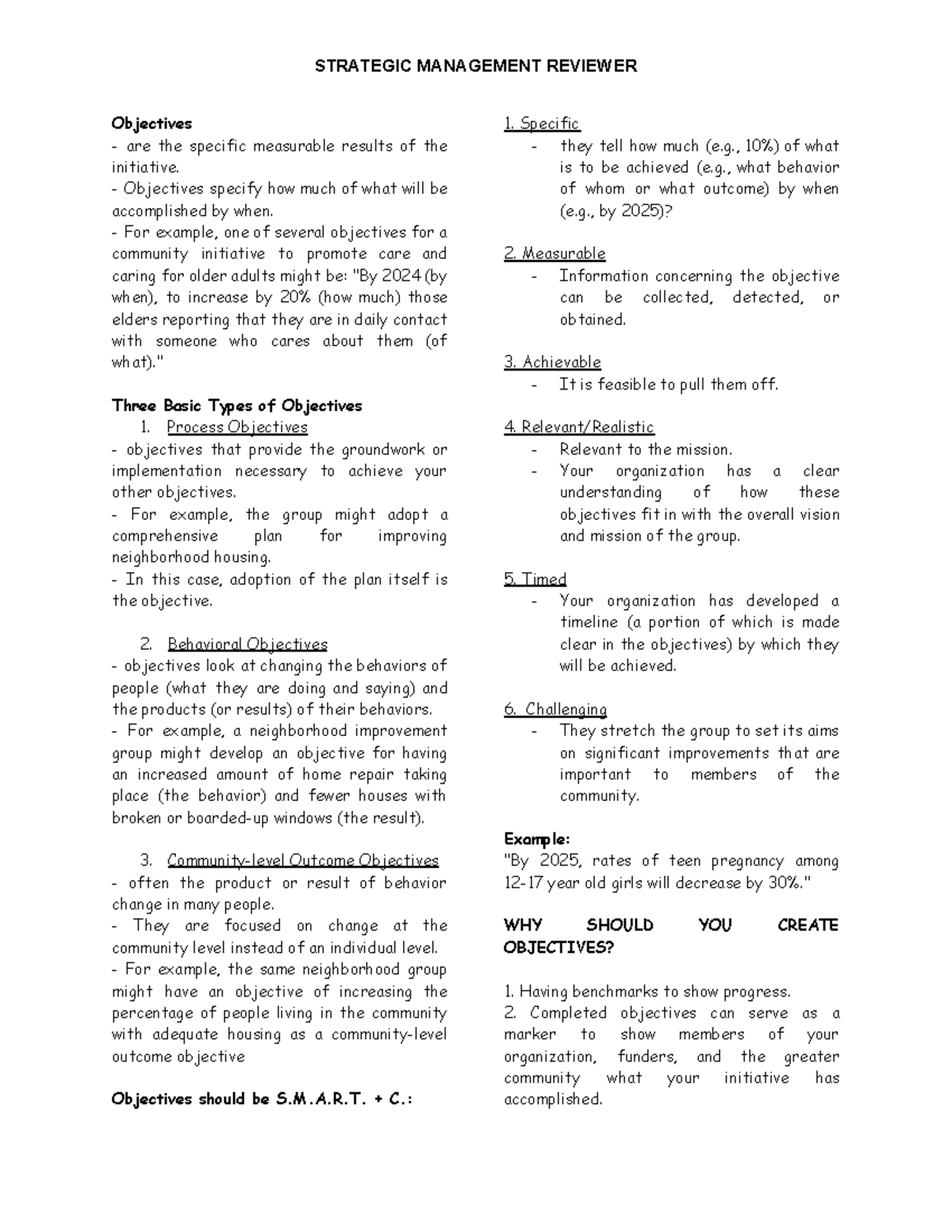 Stratma Reviewer Finals - Objectives are the specific measurable results of the initiative ...