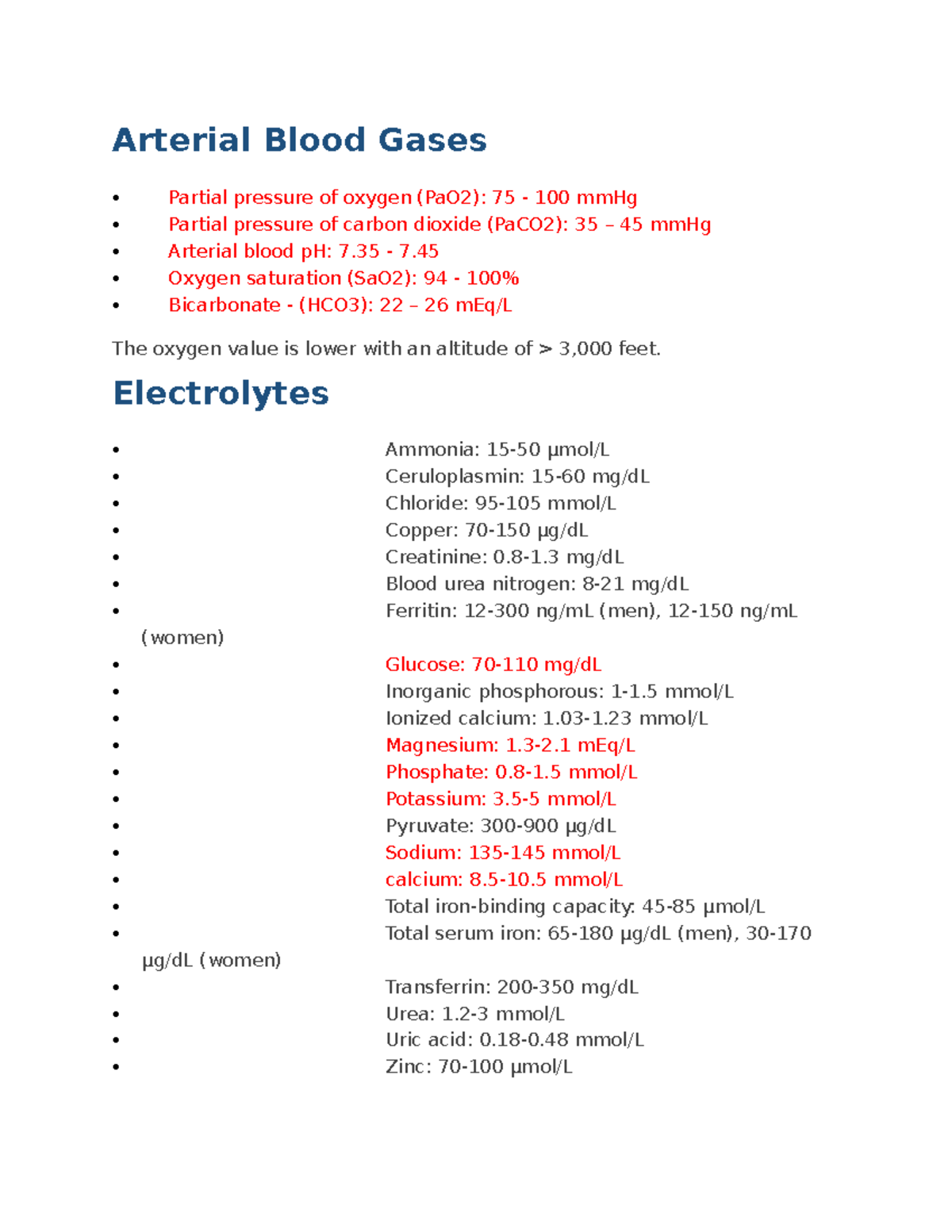 Lab values - labs - Arterial Blood Gases Partial pressure of oxygen ...