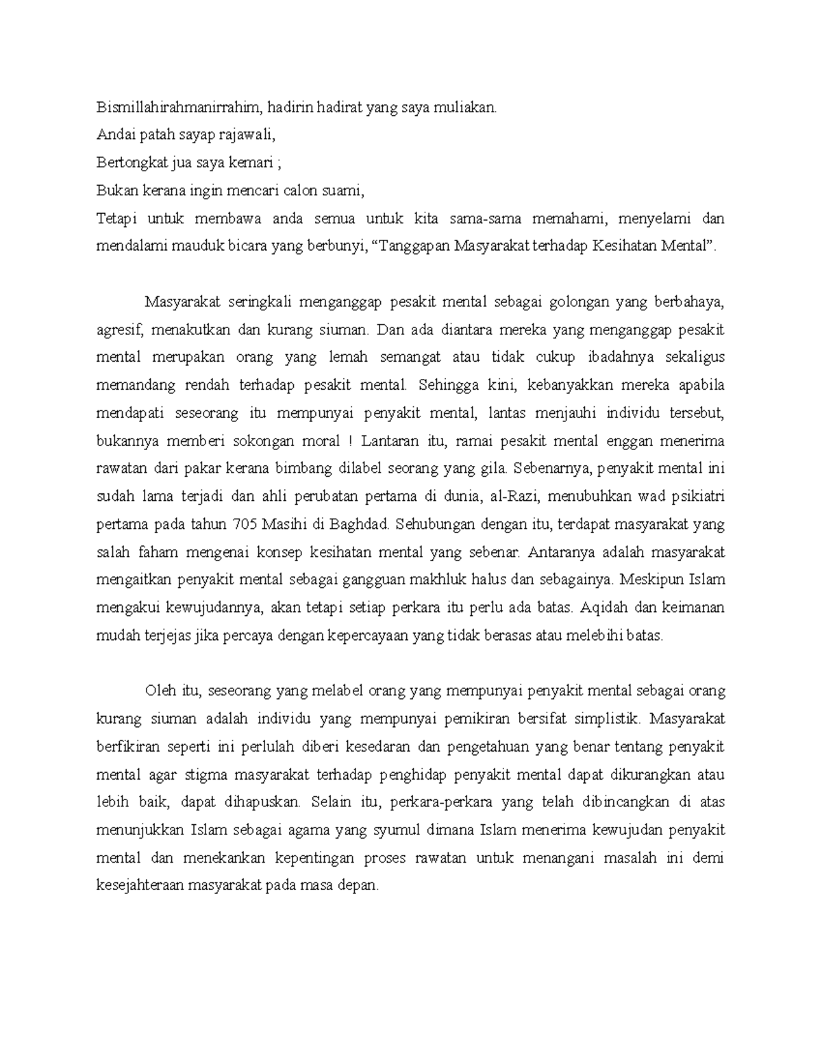 Pengucapan Awam - Teks Pidato mengenai Kesihatan Mental ...