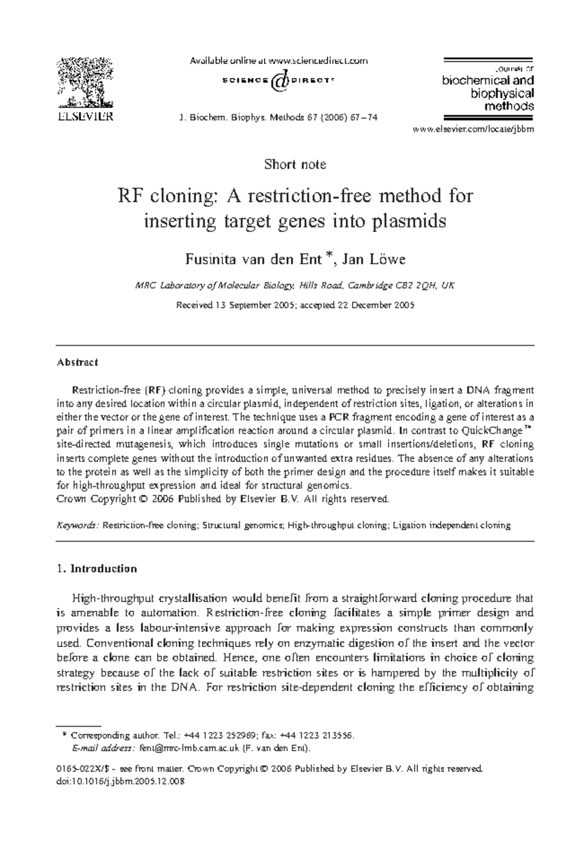 RF cloning and restriction cloning in plant biotechnology - Short note ...