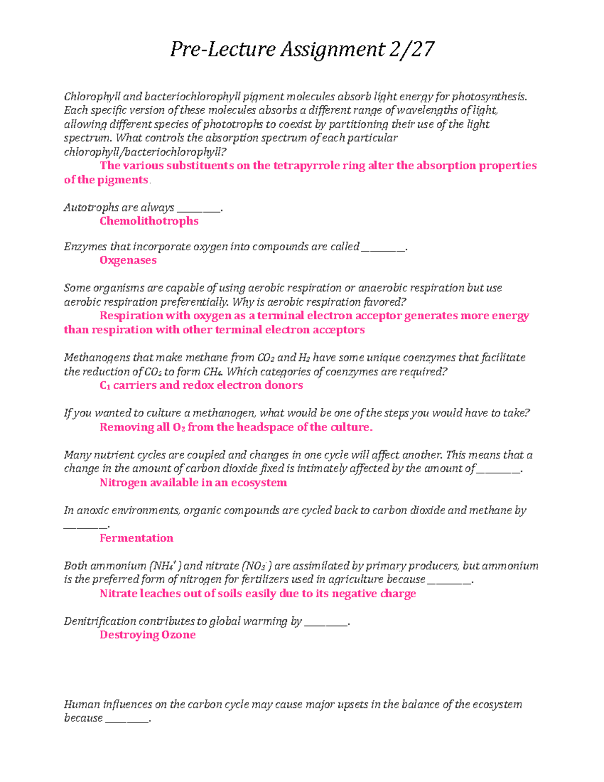 Pre-Lecture Assignment 2:27 - Pre-Lecture Assignment 2/27 Chlorophyll and bacteriochlorophyll ...