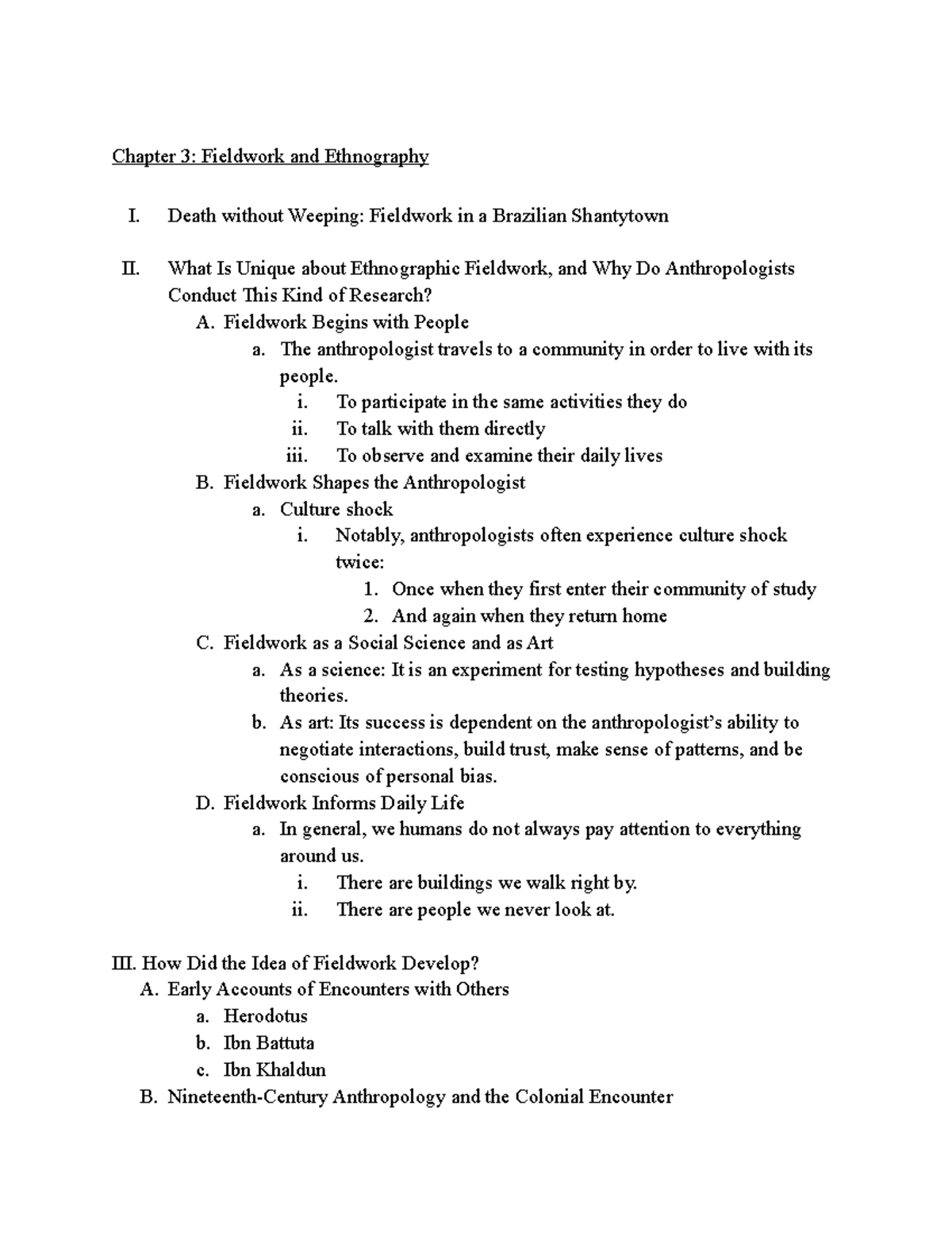 Chapter 3 Notes - Chapter 3: Fieldwork and Ethnography I. Death without ...