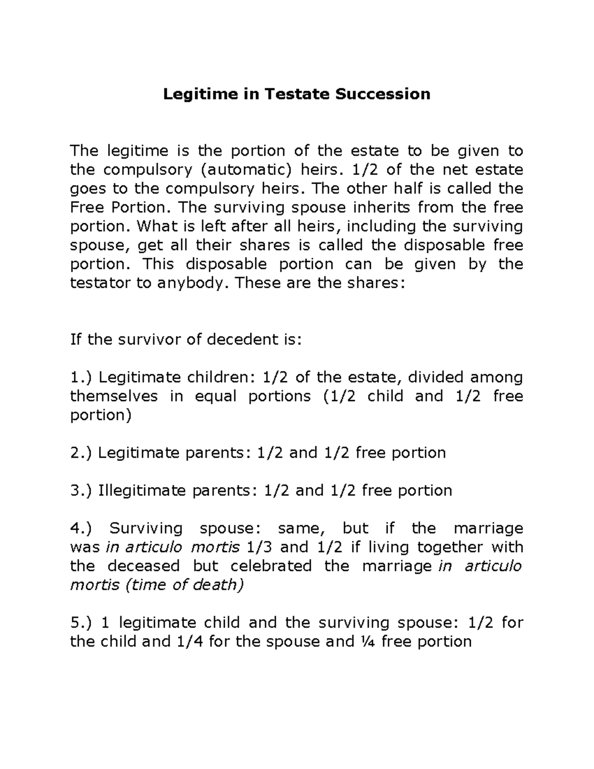 Illustration OF Legitime IN Testate Succession - Legitime in Testate ...