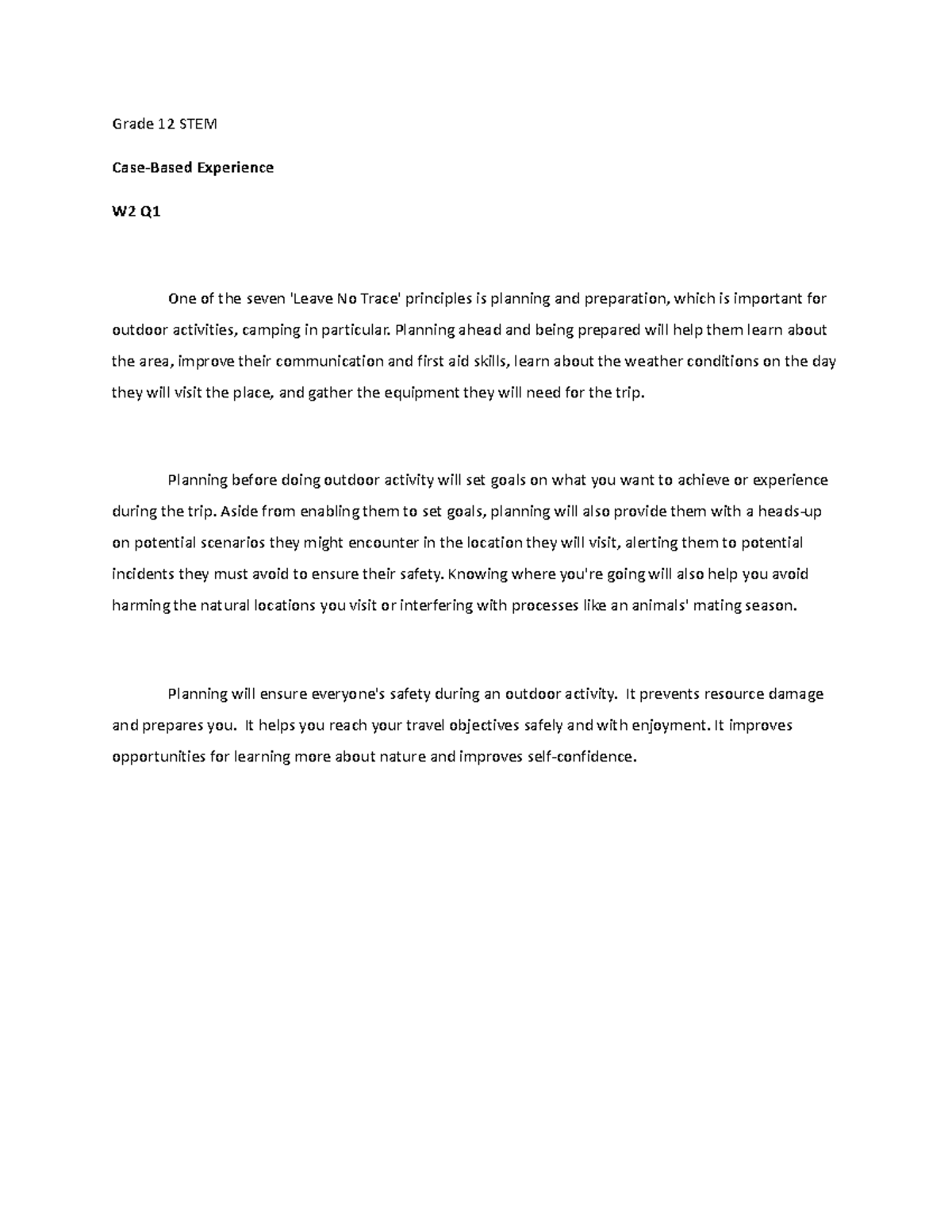 PPC 2 - CBE - The 'Leave No Trace' principles when planning an outdoor ...