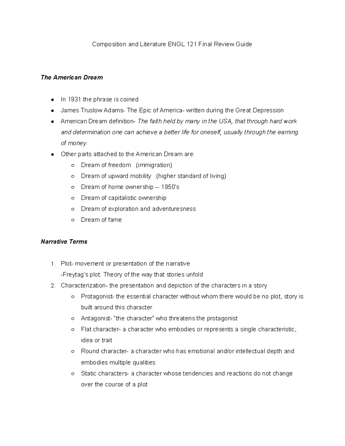 Final Exam Review Guide - Composition and LiteratXre ENGL 121 Final ...