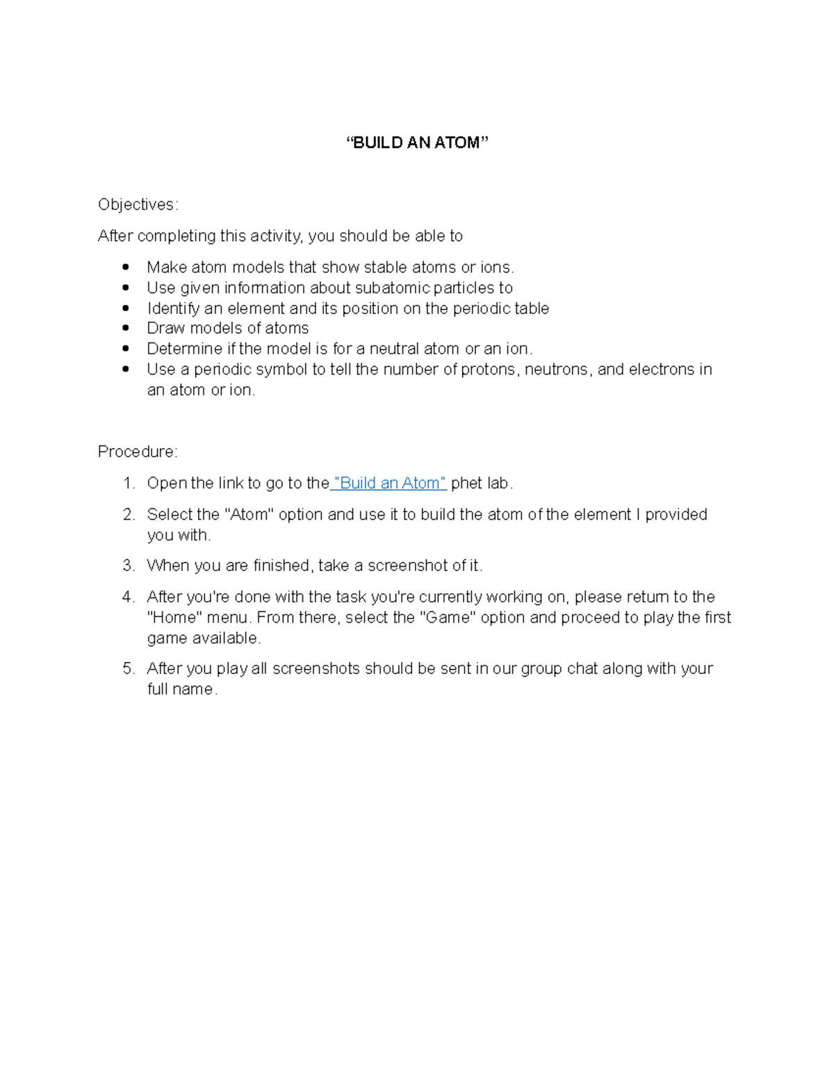 Build AN ATOM - virtual lab - “BUILD AN ATOM” Objectives: After ...