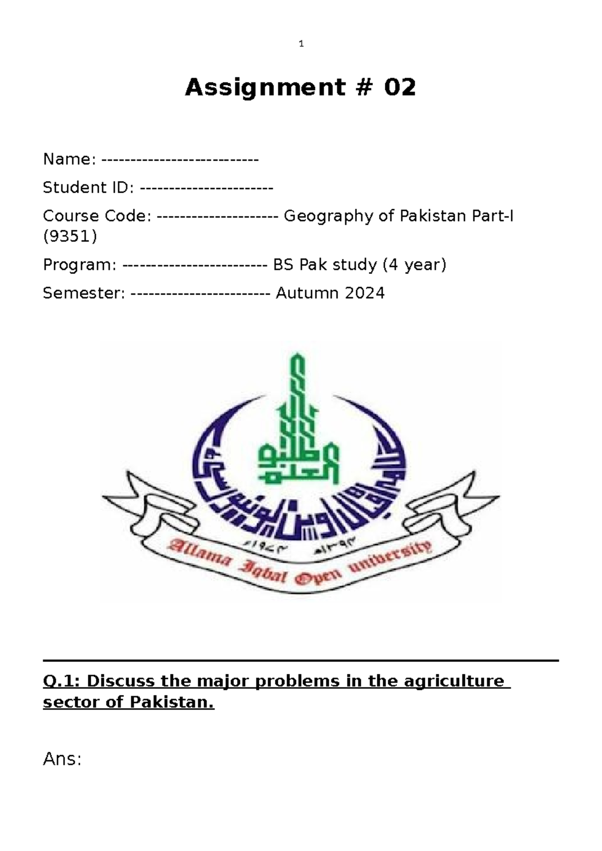 Geography of Pakistan Part-I (9351) Waqar Ahmad - Assignment # 02 Name ...