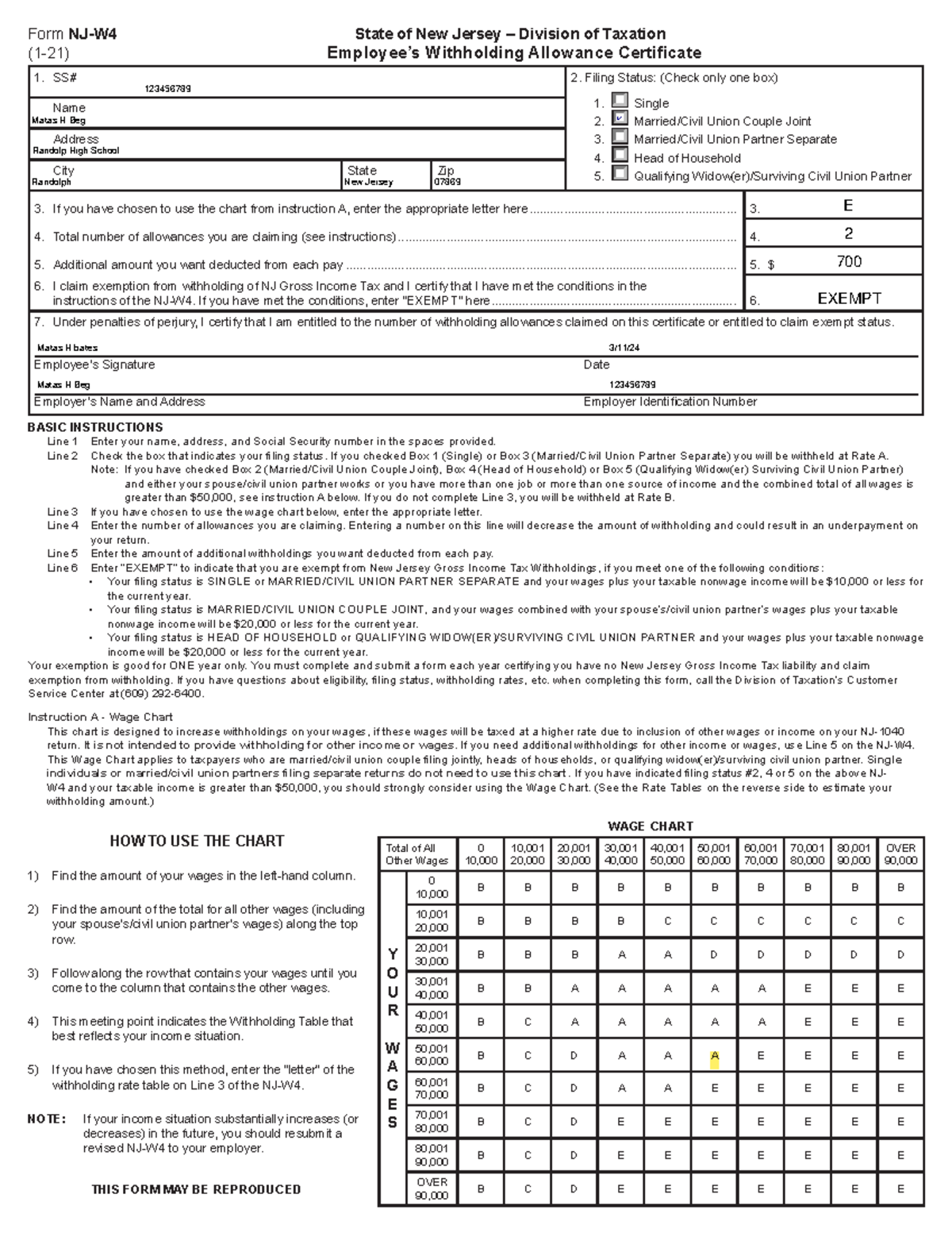 NJ-W4 - SS# 2. Filing Status: (Check only one box) 1. Single 2. Married ...