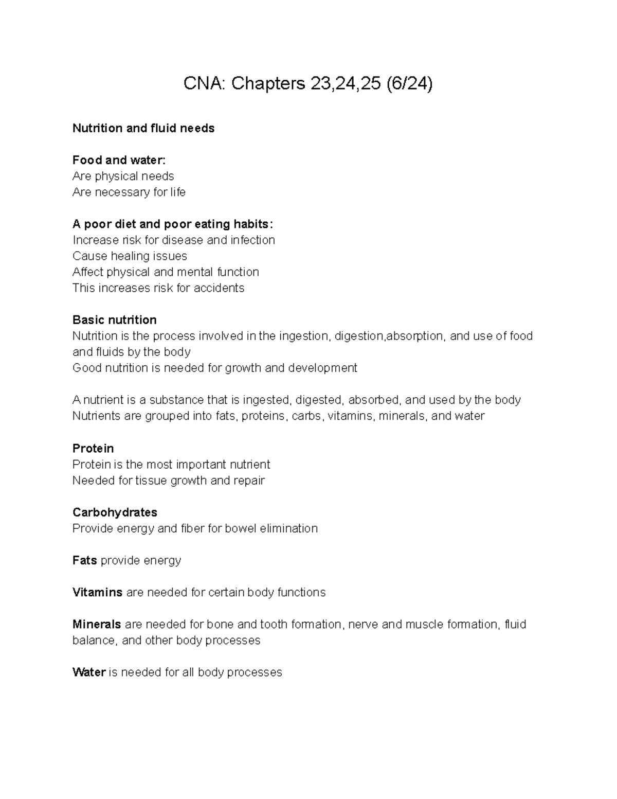CNA Chapters 23,24,25 (6 24) - CNA: Chapters 23,24,25 (6/24) Nutrition ...