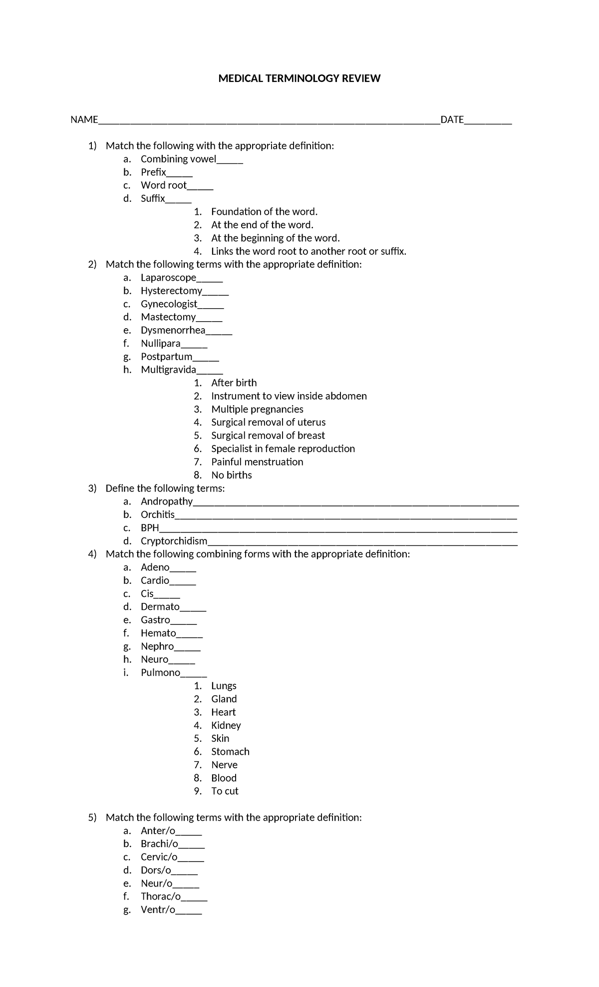 BIO 201 - Medical Terminology Review (1) - Week 9 - MEDICAL TERMINOLOGY ...
