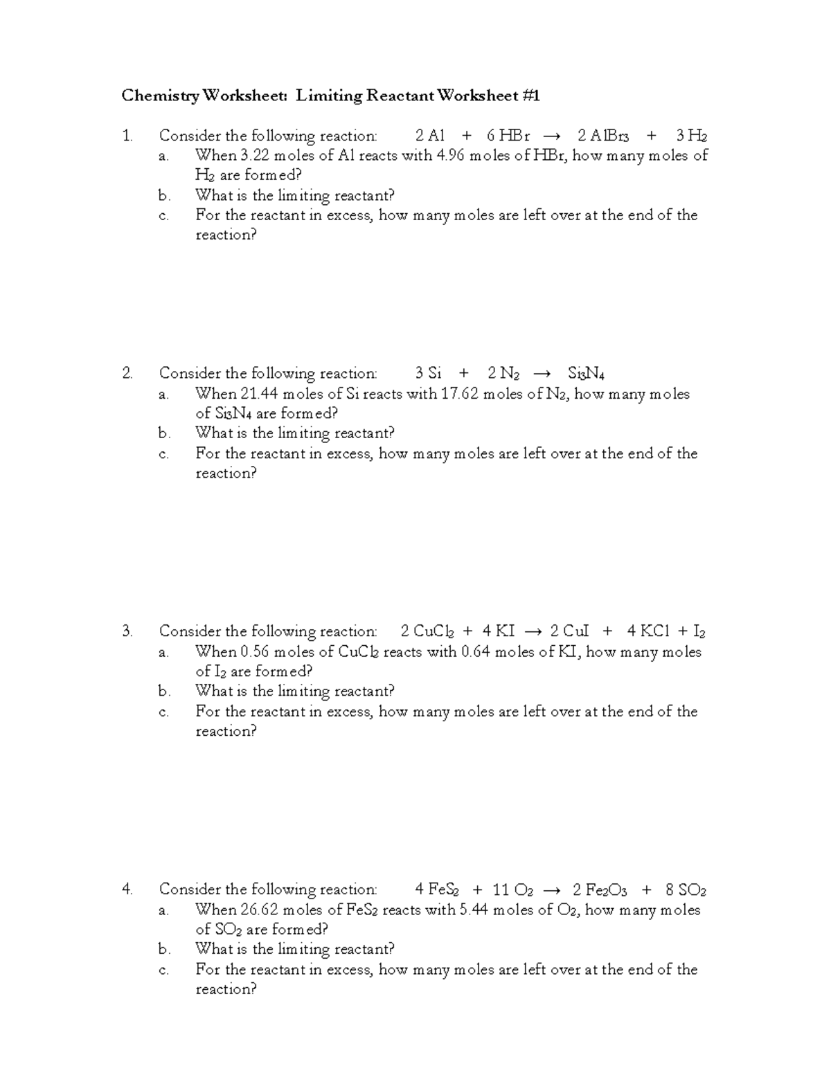 CHE+116+Limiting+Reagent+and+Stoichiometry - Chemistry Worksheet ...