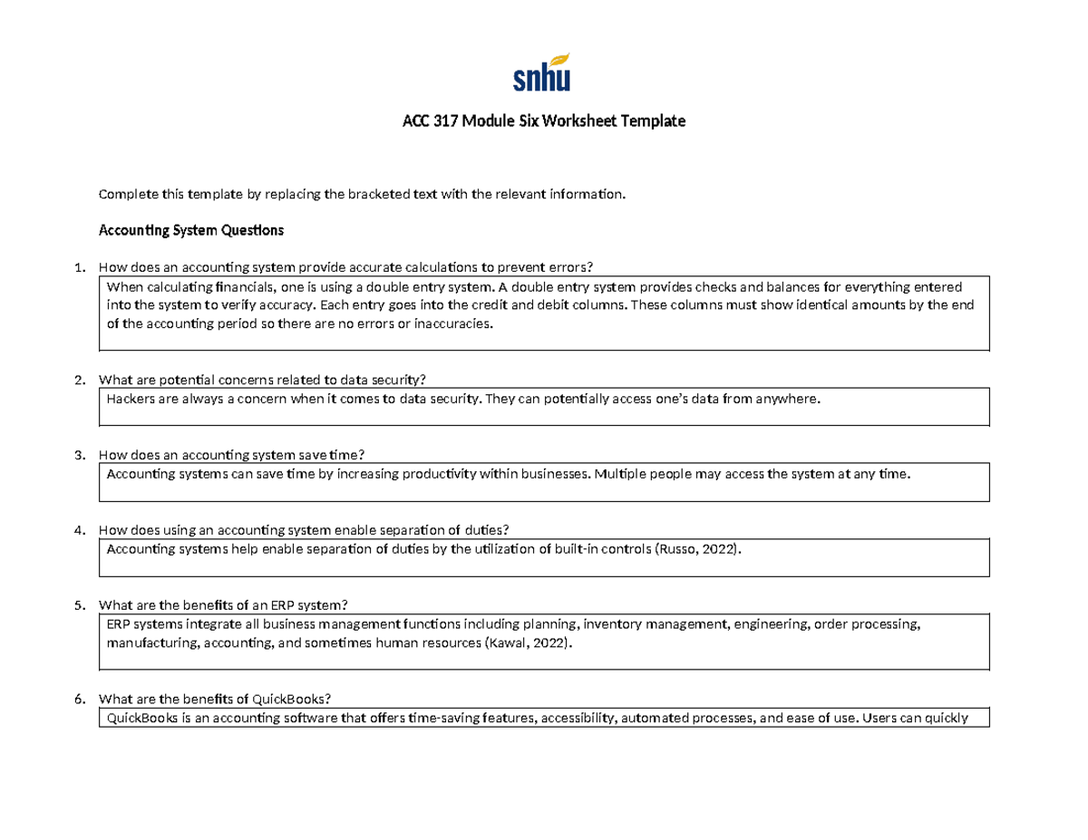 ACC 317 Module Six Worksheet - Accounting System Questions How does an ...