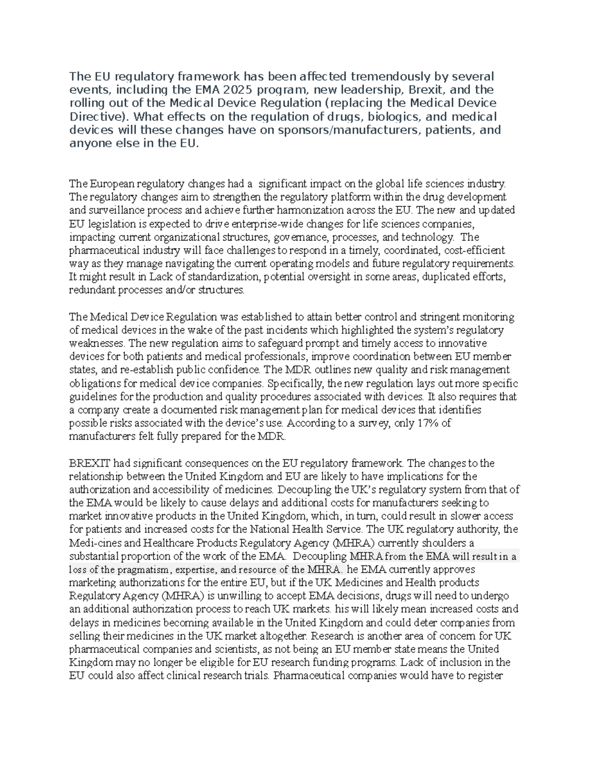 RGA 6221 CTA1 - Critical Thinking Assignment - The EU regulatory ...