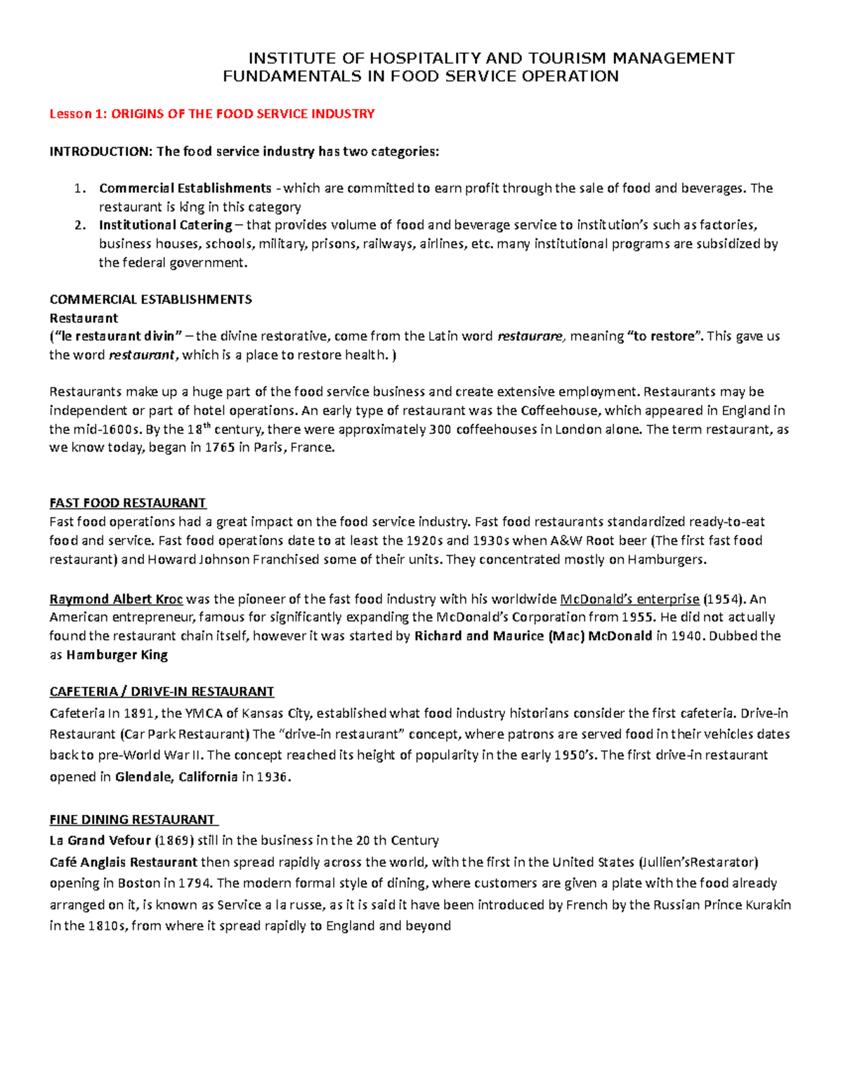 Lesson 1 History OF FOOD Service Industry 1 - INSTITUTE OF HOSPITALITY ...