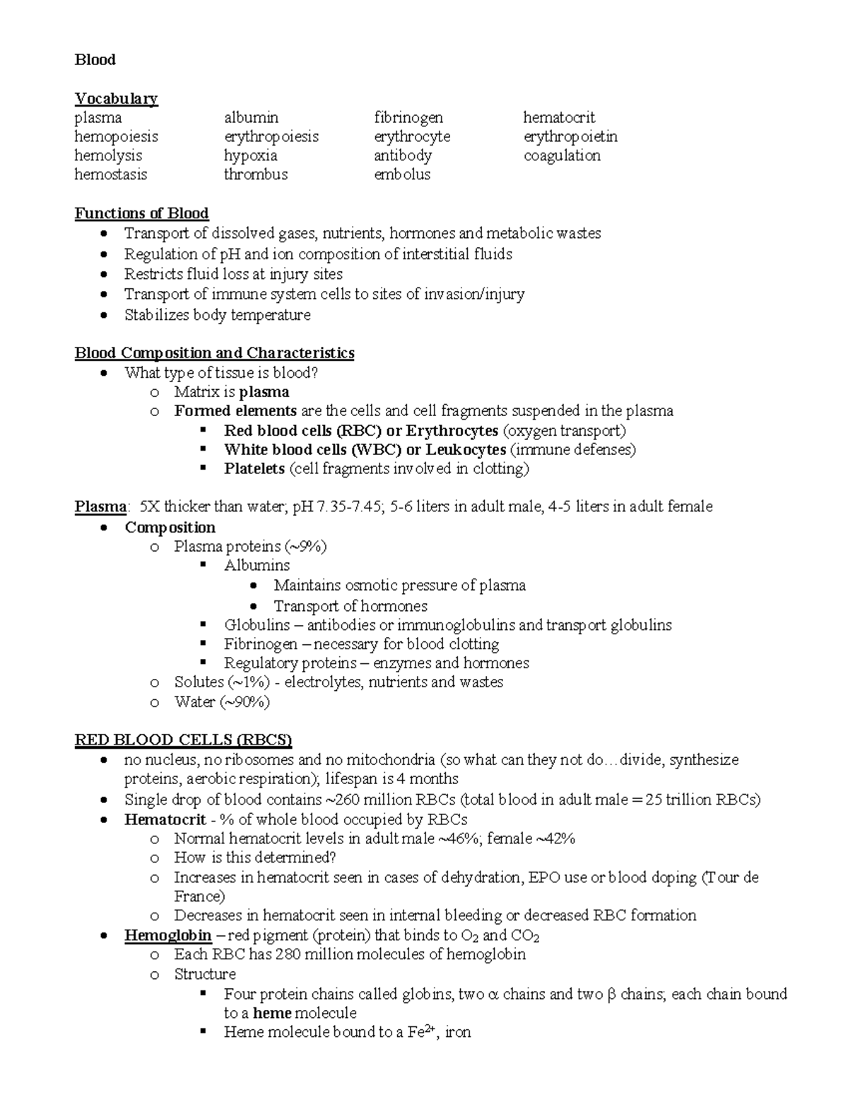 Blood outline - Blood Vocabulary plasma albumin fibrinogen hematocrit ...