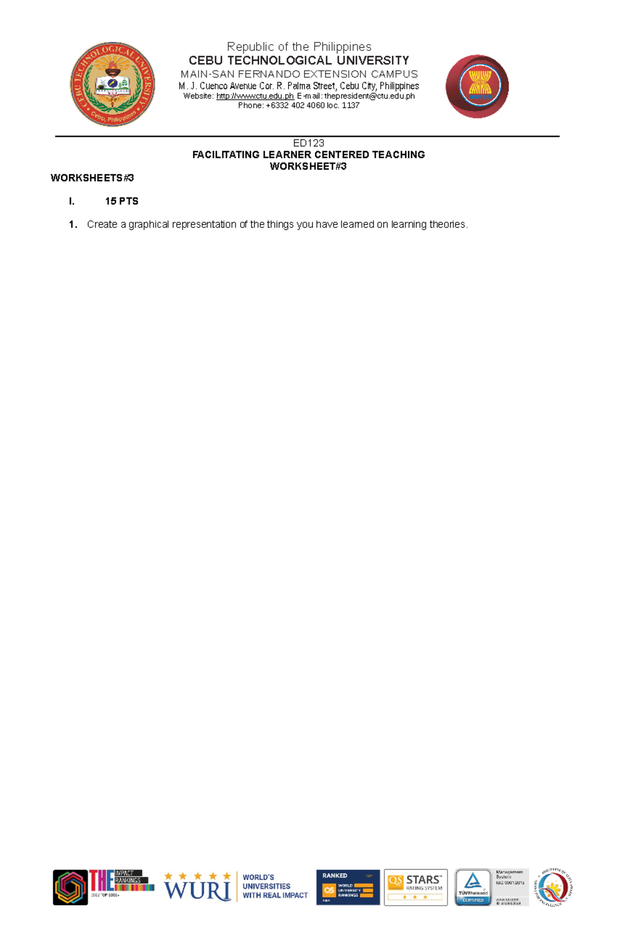 Lesson 3 Performance TASK#3 - ED FACILITATING LEARNER CENTERED TEACHING WORKSHEET# WORKSHEETS# I ...