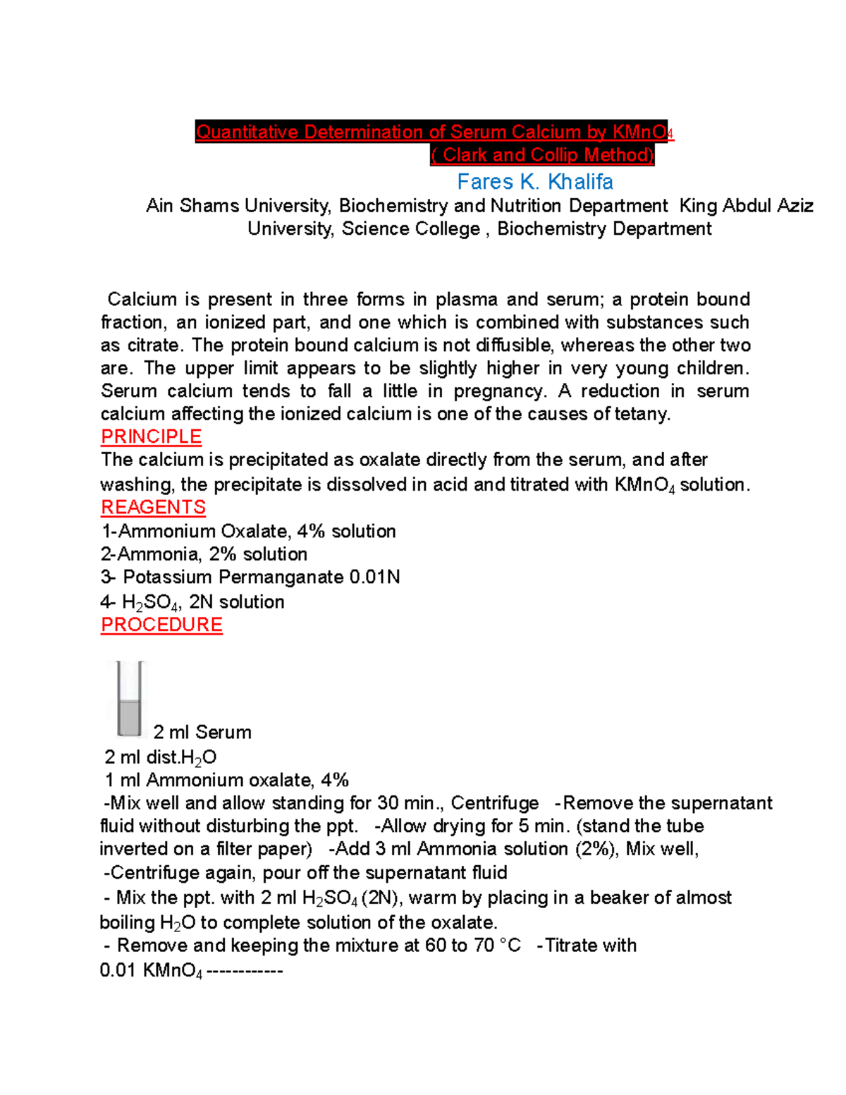 Calcium estimation - Quantitative Determination of Serum Calcium by ...