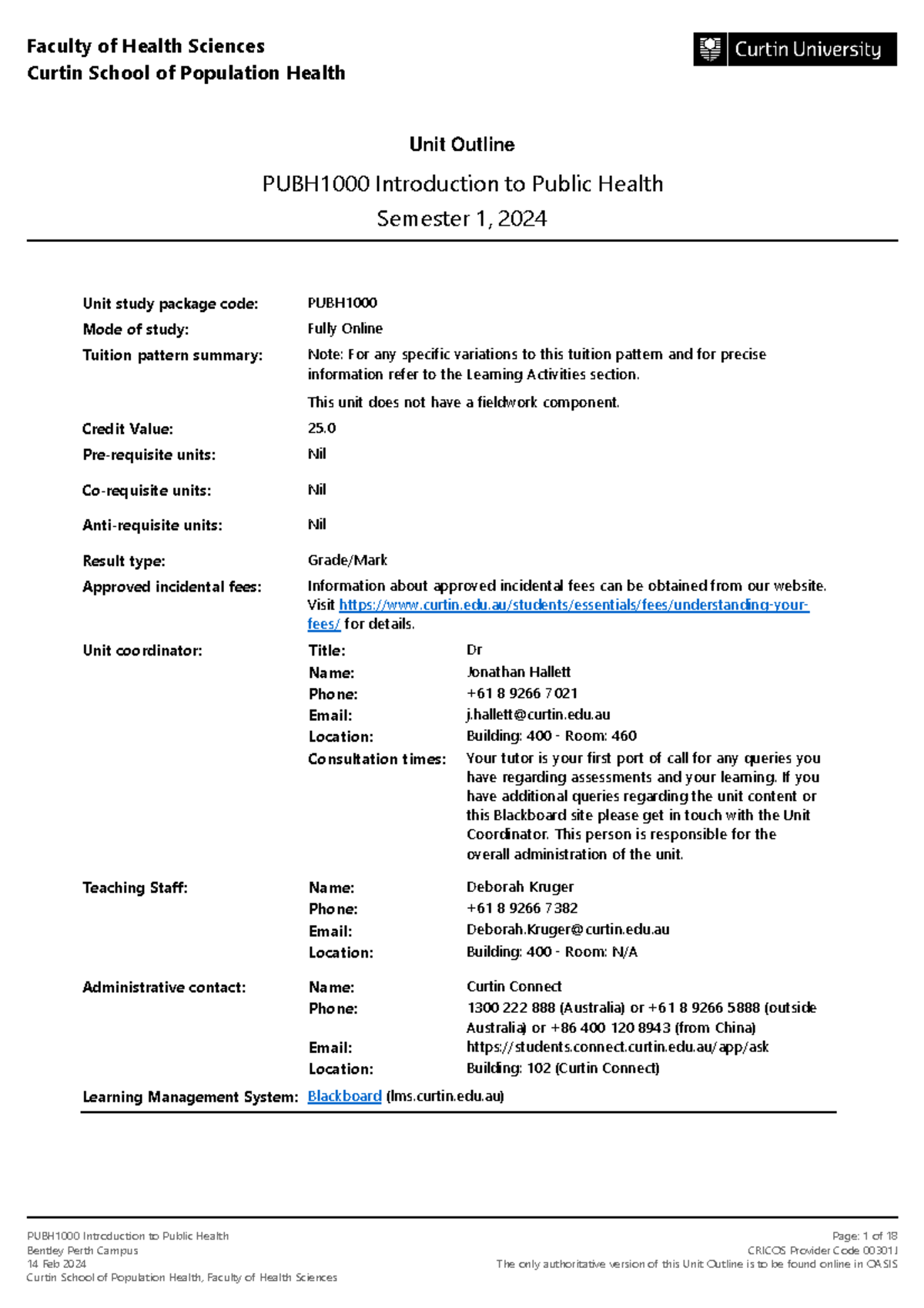 PUBH1000 Introduction to Public Health Semester 1 2024 Bentley Perth ...