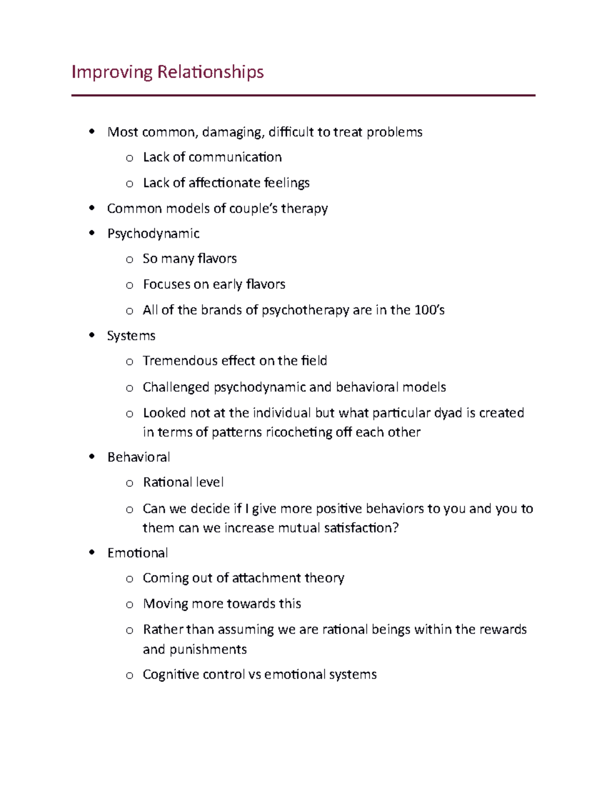 11 Couples Therapy - Lecture notes 11 - Improving Relationships Most ...