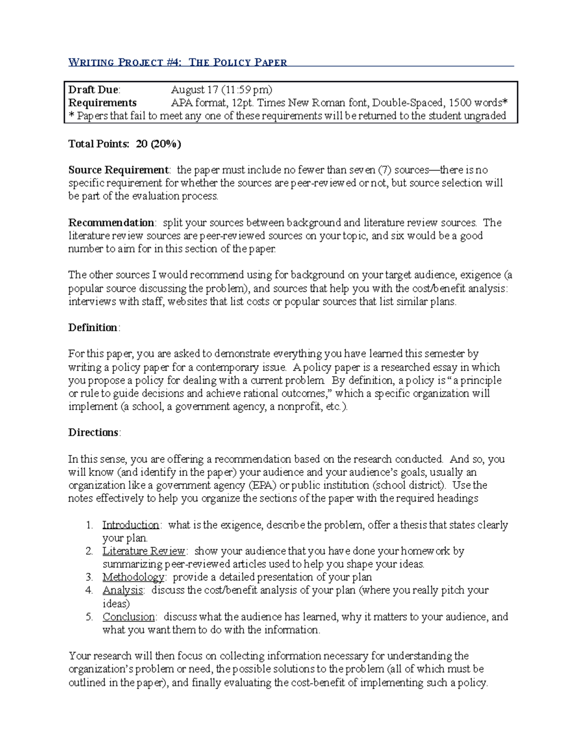 Writing Project #4- The Policy Paper - WRITING PROJECT #4: THE POLICY ...