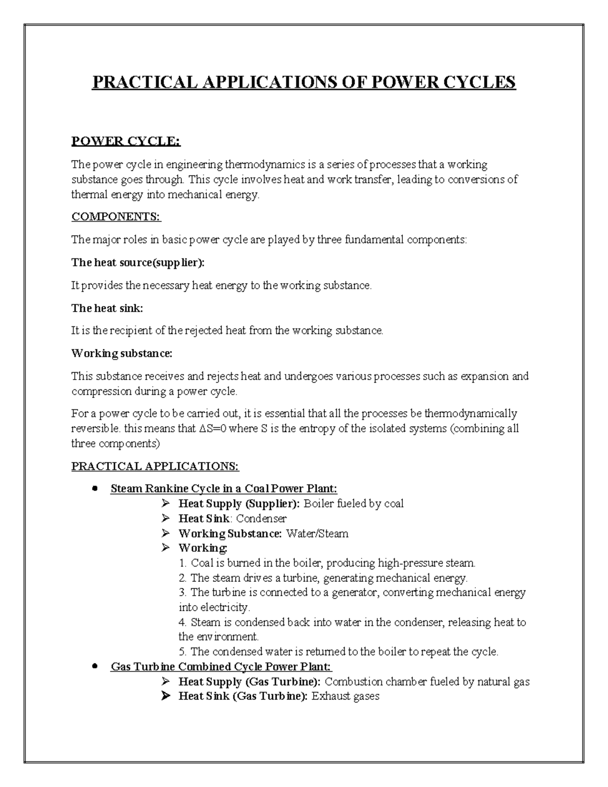 Power Cycle - PRACTICAL APPLICATIONS OF POWER CYCLES POWER CYCLE: The ...