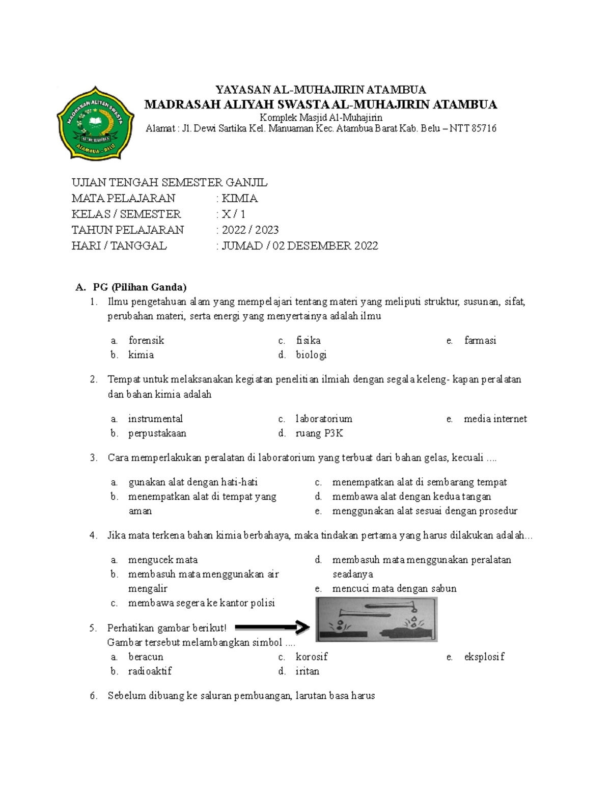 UAS KIMIA X ganjil 2022/2023 - UJIAN TENGAH SEMESTER GANJIL MATA PELAJARAN : KIMIA KELAS ...