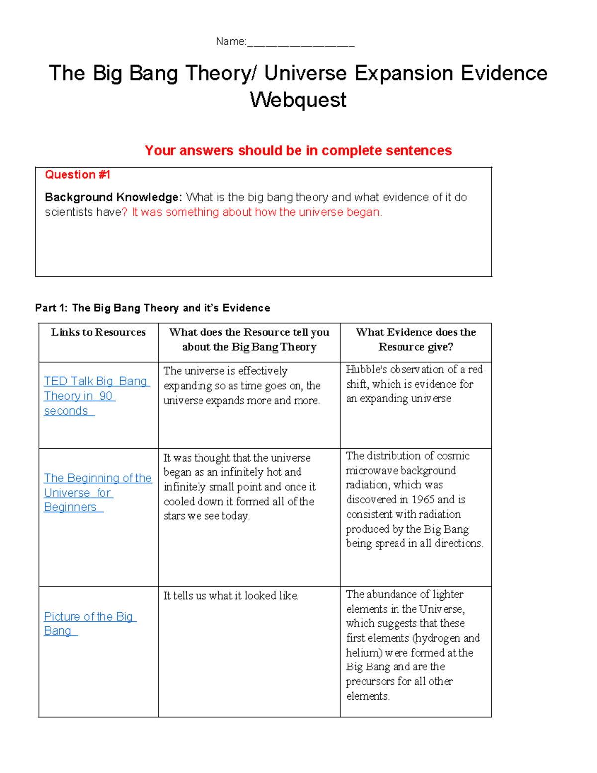 Completed webquest - hjknl - Name:__________________ The Big Bang ...