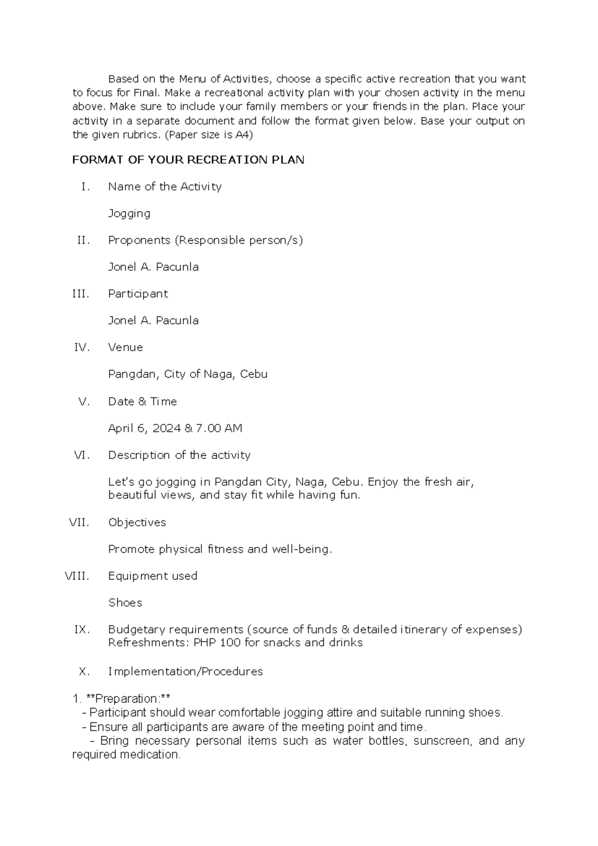 Based on the Menu of Activities - Make a recreational activity plan ...