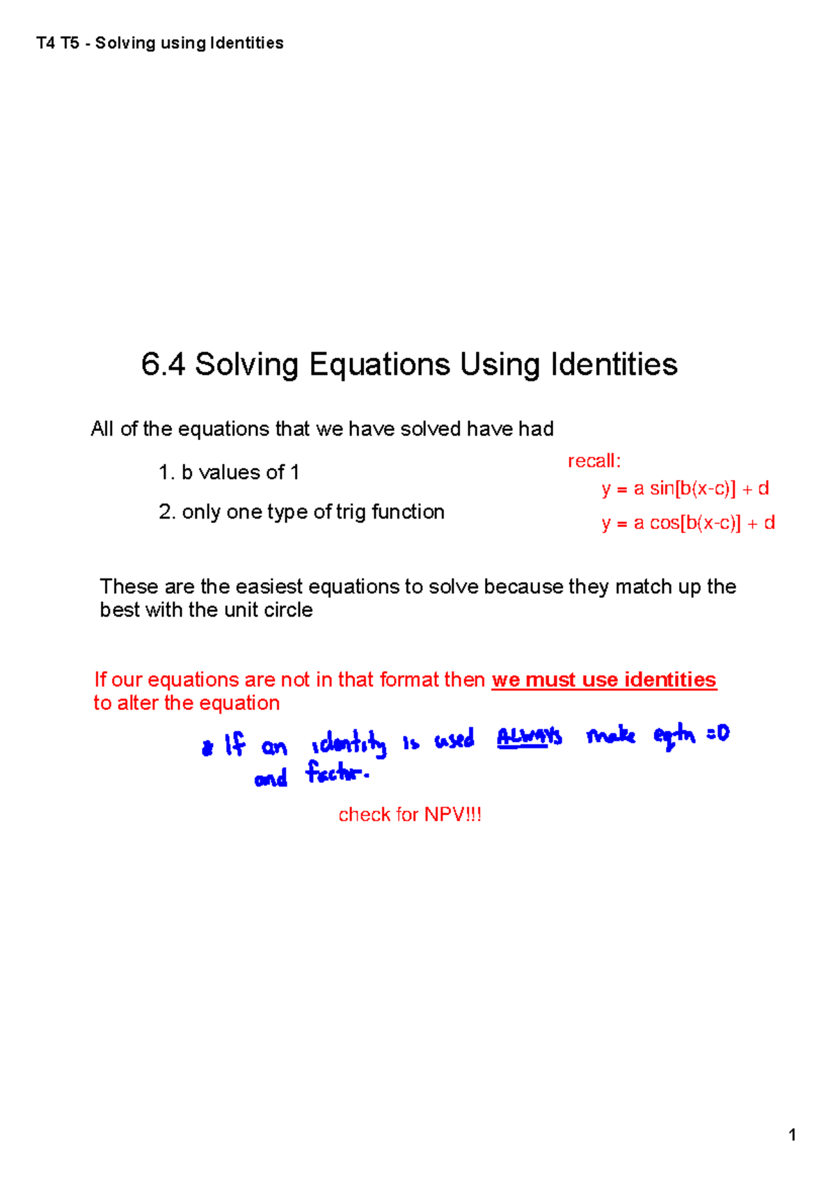 4. T4 T5 - Solving using Identities [Filled In] - 110 - 6 Solving ...
