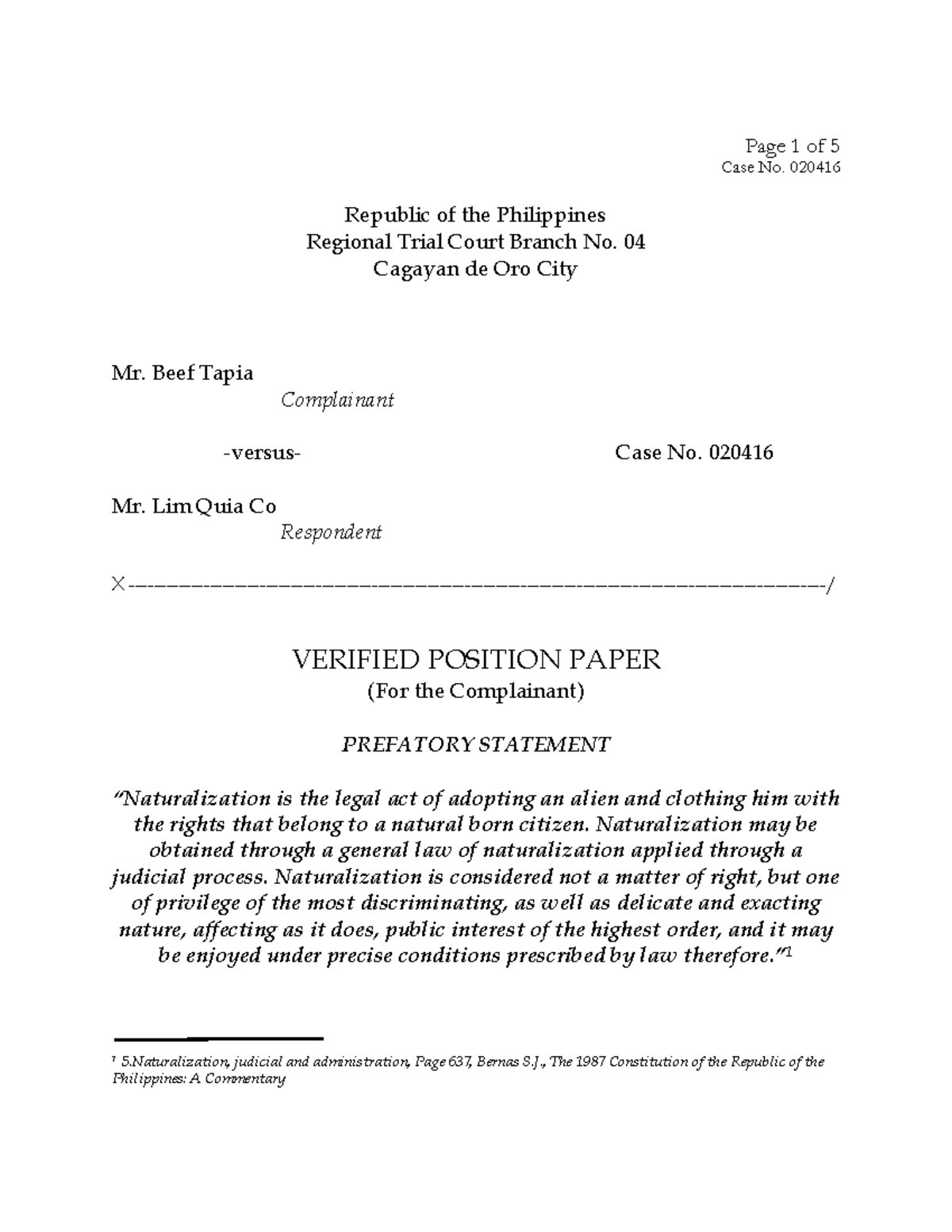Constitution 1 Position Paper - Case No. 020416 Republic of the ...
