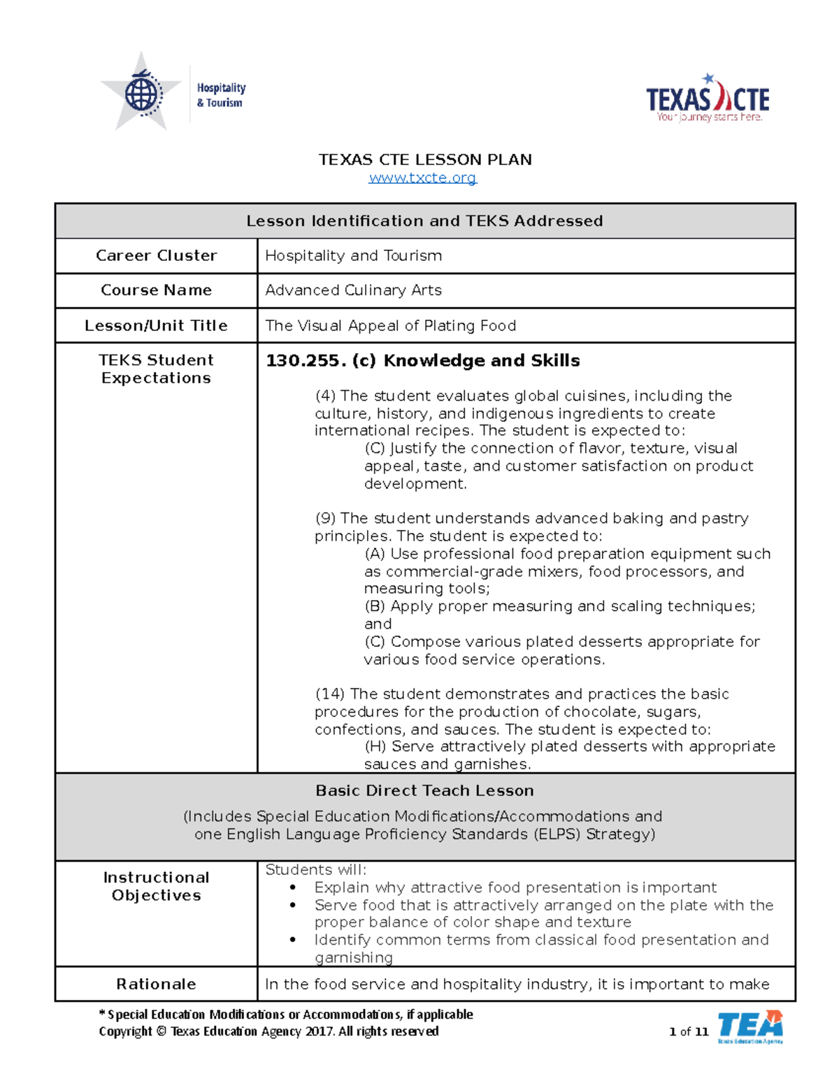 Lesson Plan The Visual Appeal of Plating Food - TEXAS CTE LESSON PLAN ...