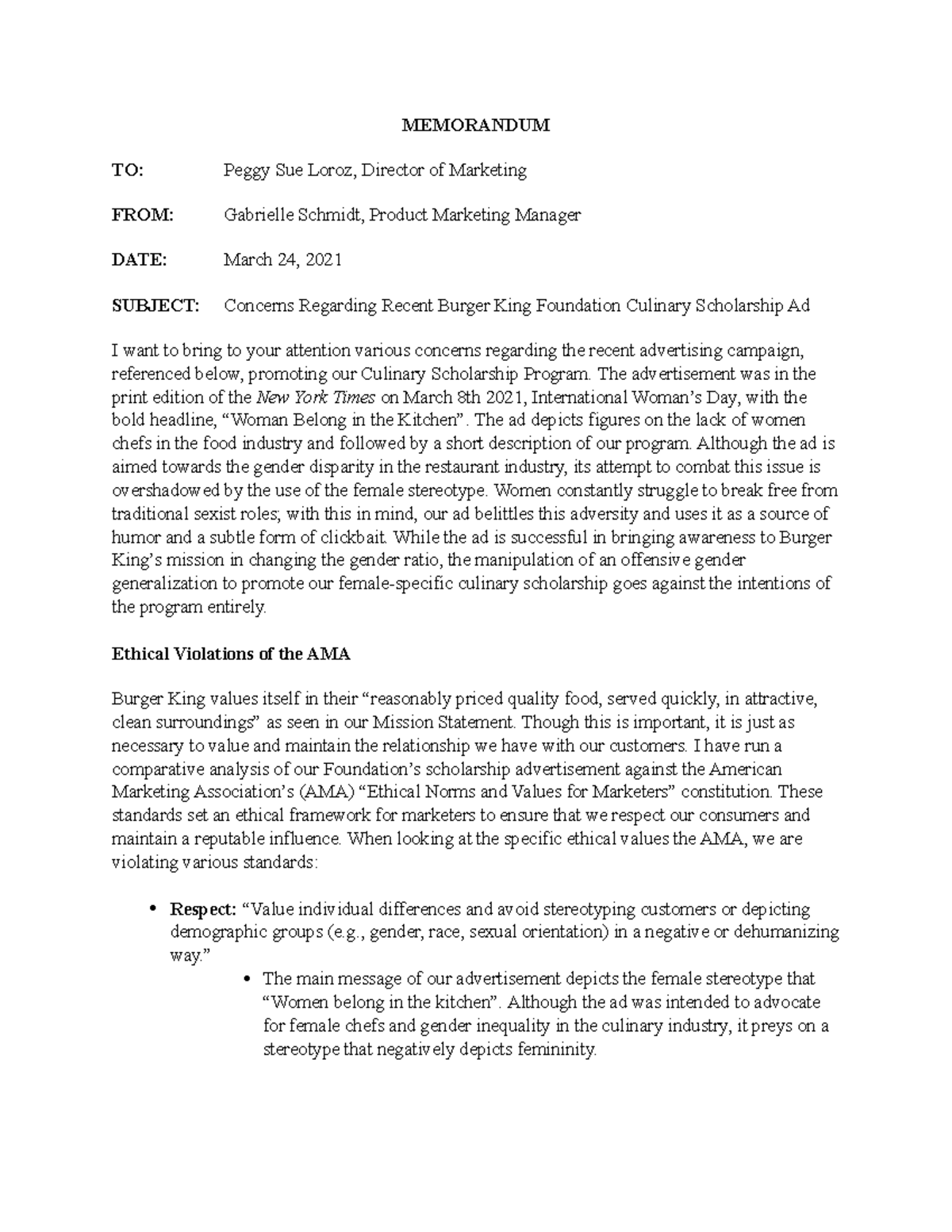 Ethics Memo - MEMORANDUM TO: Peggy Sue Loroz, Director of Marketing ...