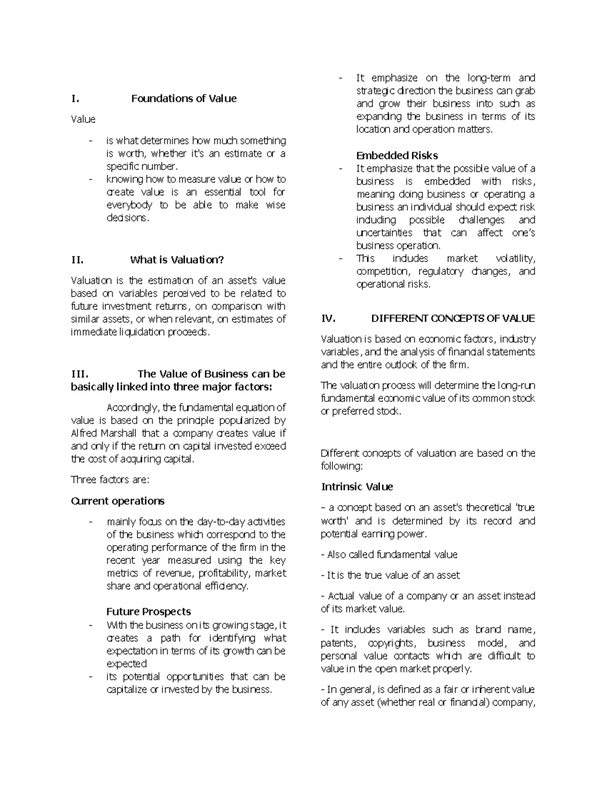 Reviewer in vcm - I. Foundations of Value Value - is what determines how much something is worth ...
