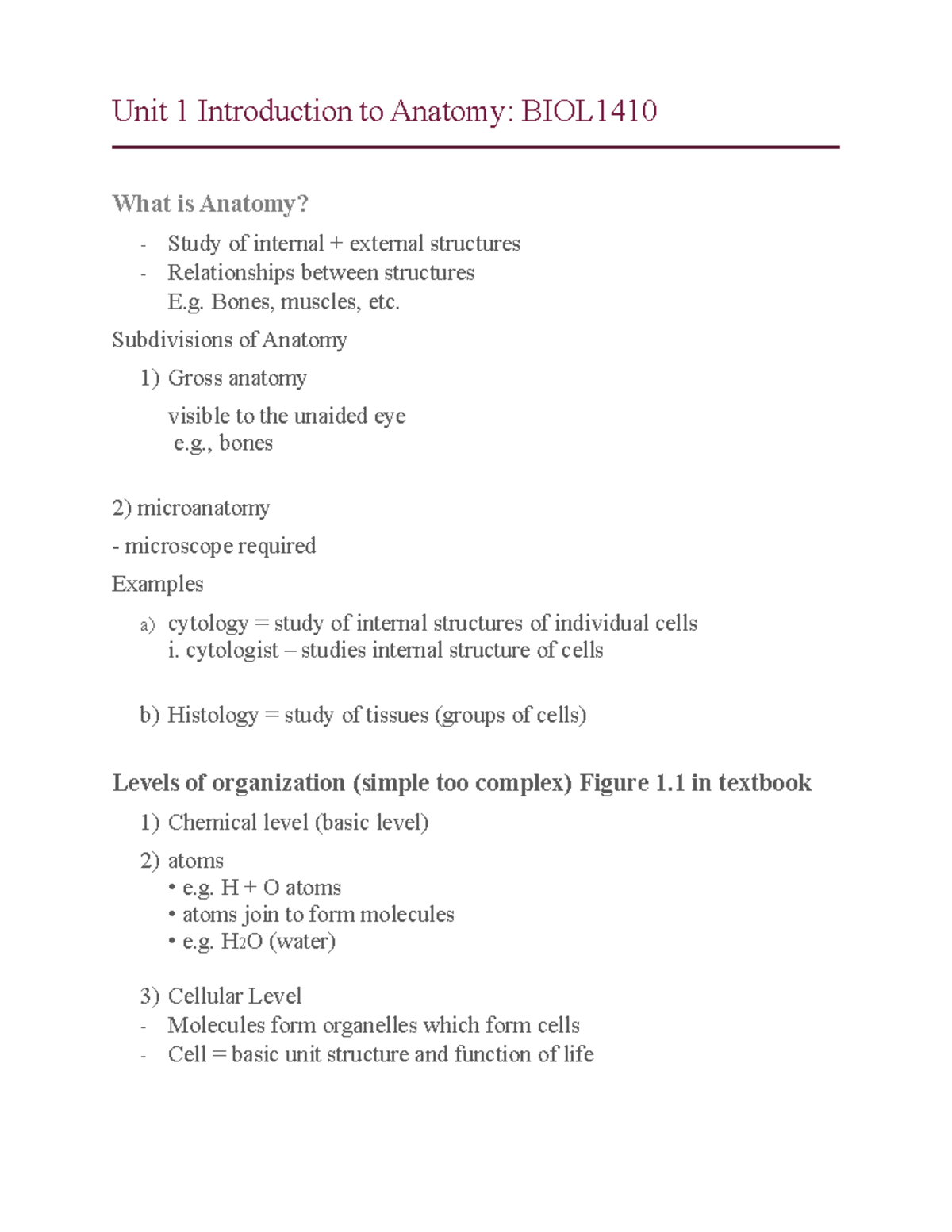 Unit 1 Introduction to Anatomy - Unit 1 Introduction to Anatomy: BIOL ...