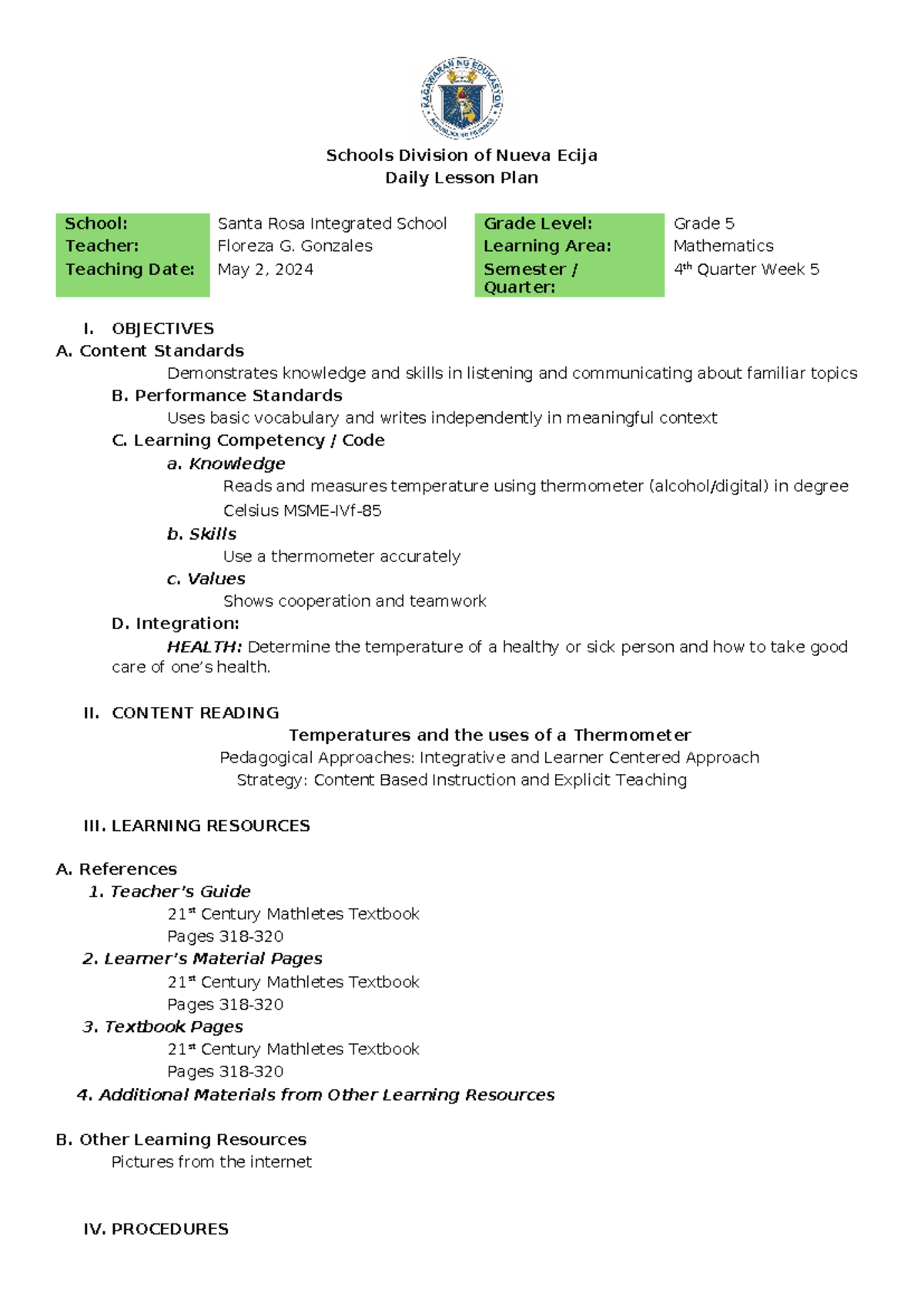 DLL MATH 5 - Detailed Lesson Plan in Mathematics - Schools Division of ...