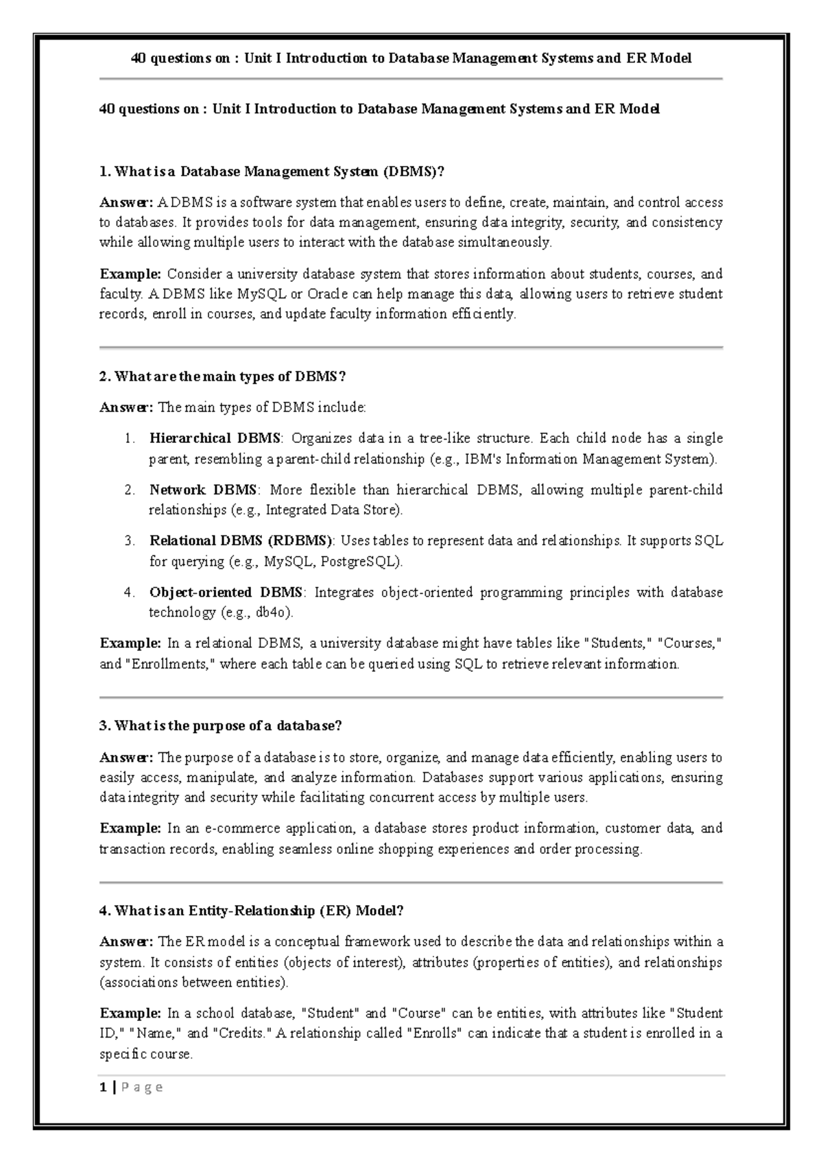 40 questions on uint 1 of DBMS - 40 questions on : Unit I Introduction to Database Management ...
