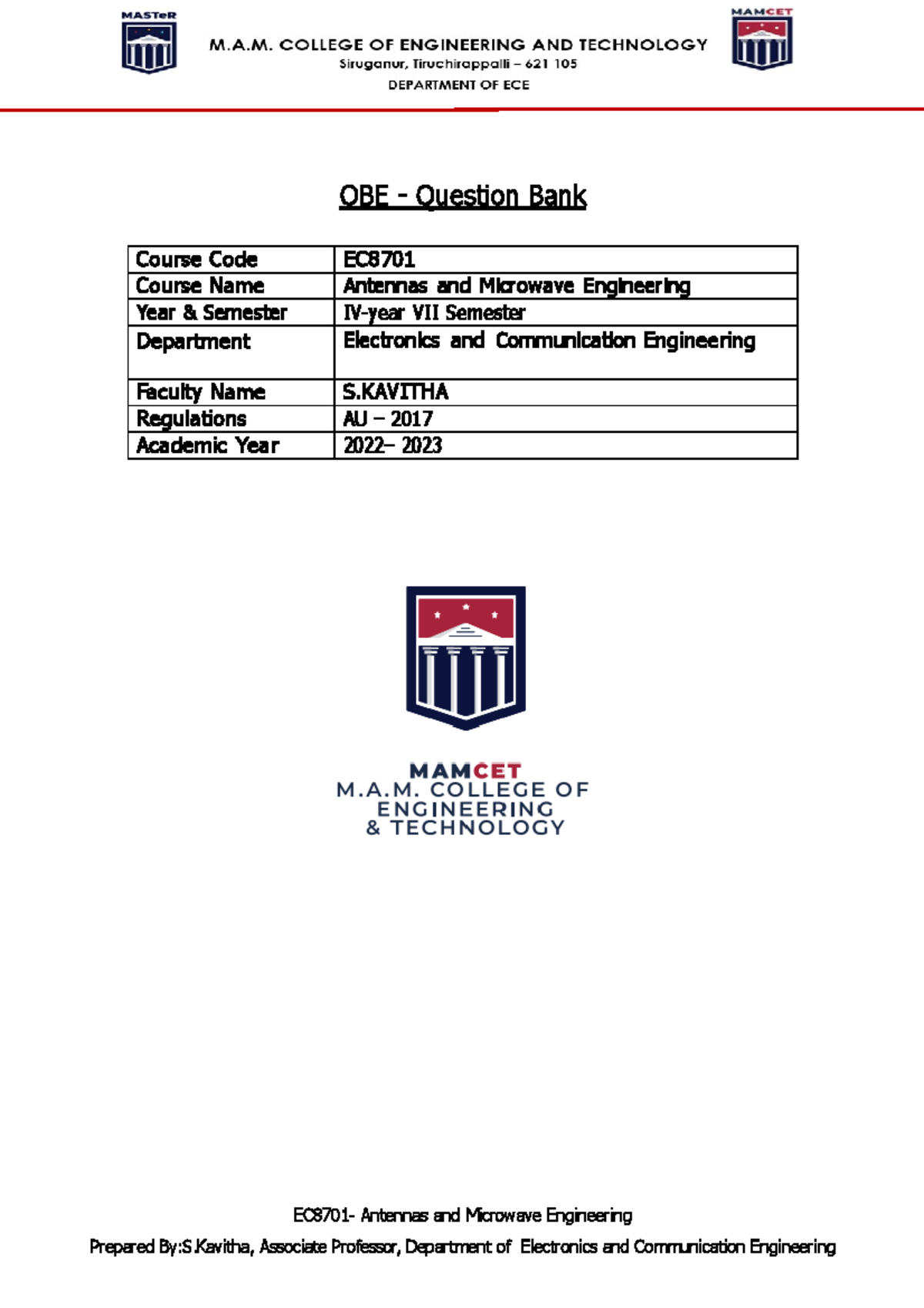 Question bank OBE AMWE 2023 - EC8701- Antennas and Microwave ...