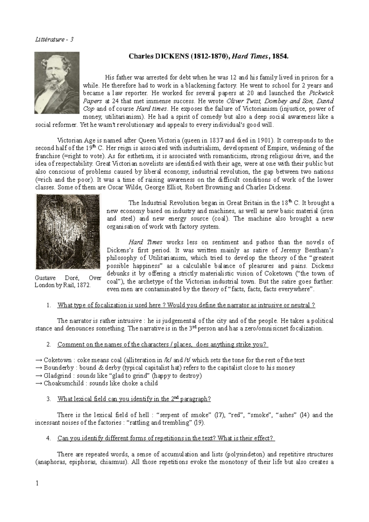 3 - 2 pages - Littérature - 3 Charles DICKENS (1812-1870), Hard Times ...